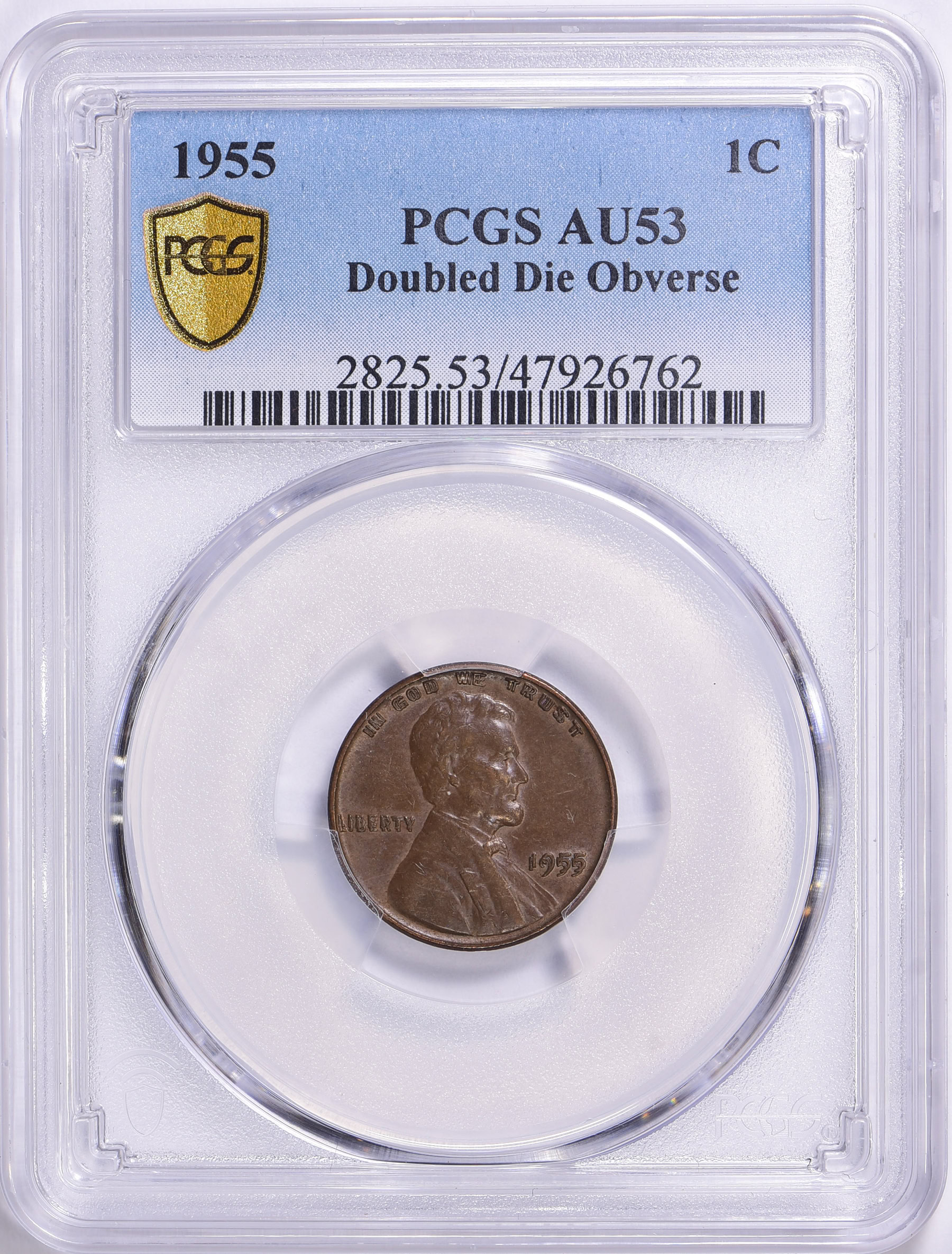 1955 Lincoln Cent Doubled Die Obverse PCGS AU-53 BN (Item 1712087) | GreatCollections Coin Auctions