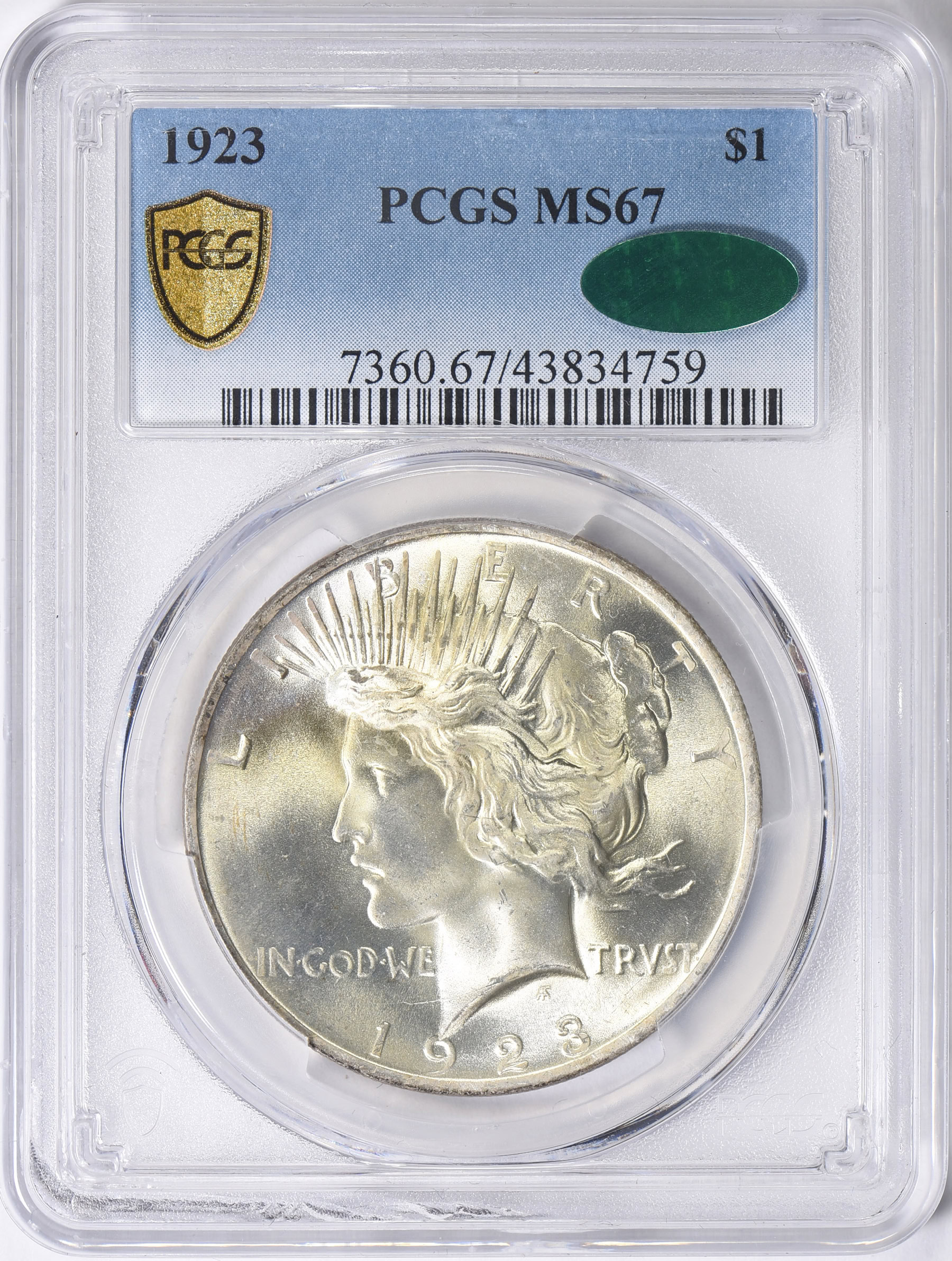 1923 Peace Silver Dollar PCGS MS-67 (CAC Green) (Item 1712443) | GreatCollections Coin Auctions