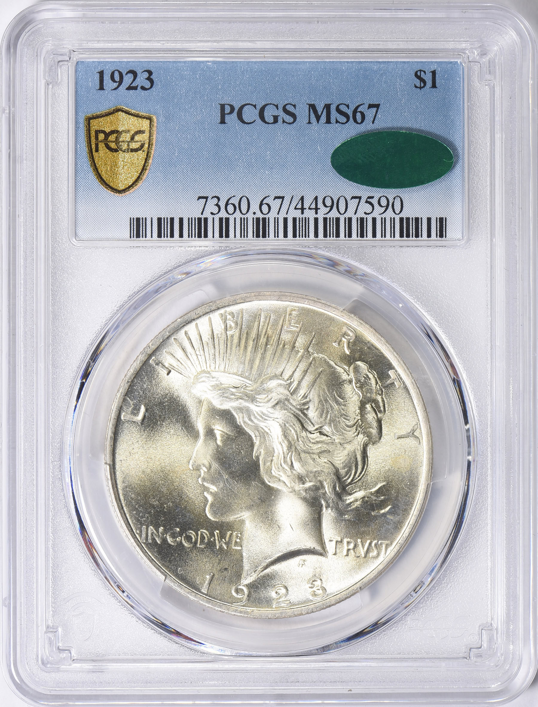 1923 Peace Silver Dollar PCGS MS-67 (CAC Green) (Item 1712446) | GreatCollections Coin Auctions
