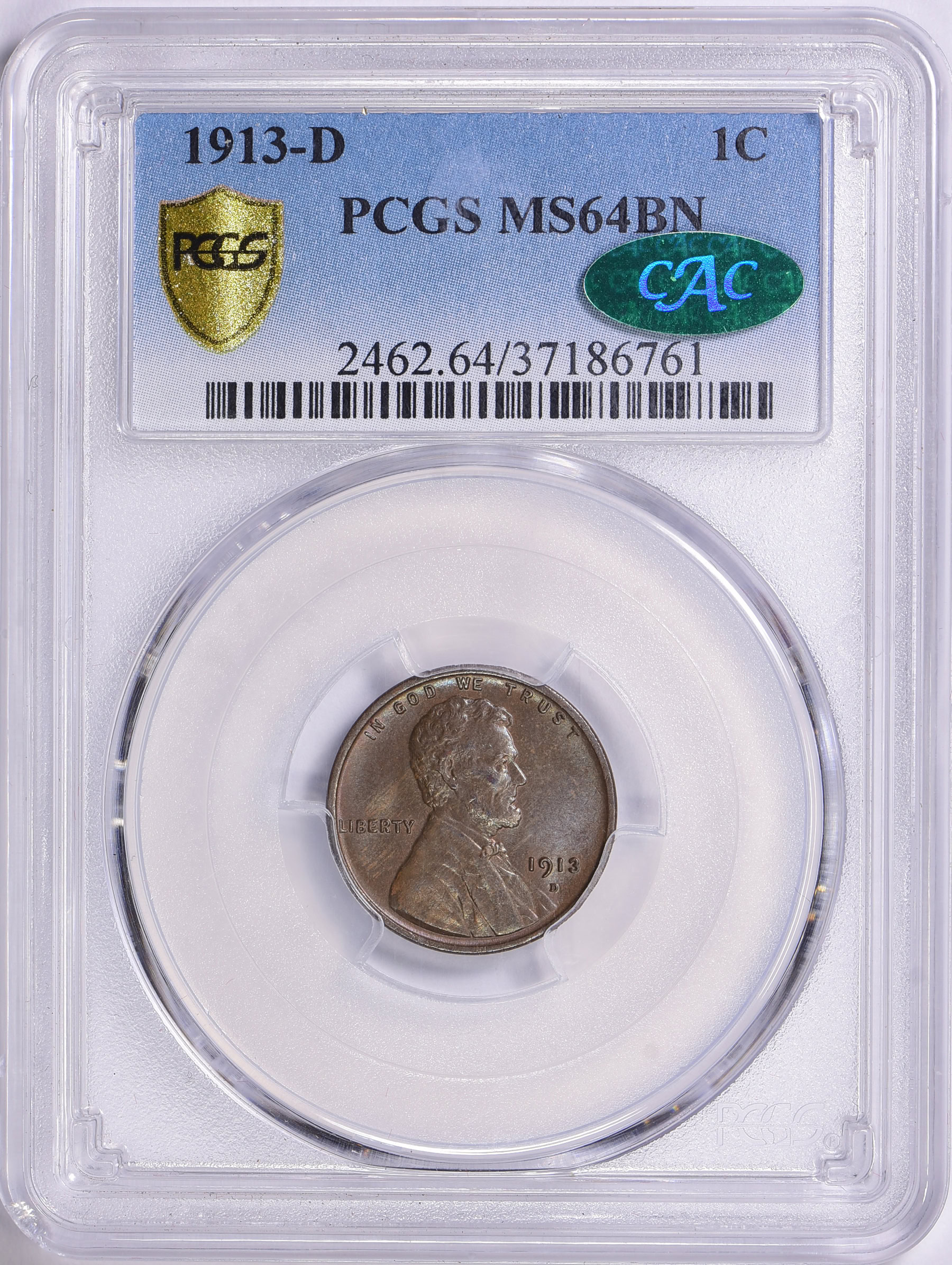1913-D Lincoln Cent PCGS MS-64 BN (CAC Green) (Toned) (Item 1712472) | GreatCollections Coin ...