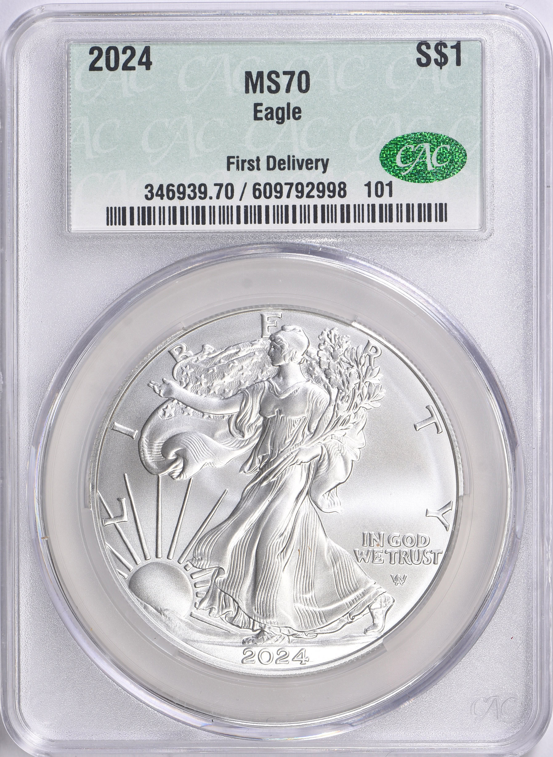 2024 $1 Silver Eagle First Delivery CACG MS-70 | CACG Cert #609792998 ...