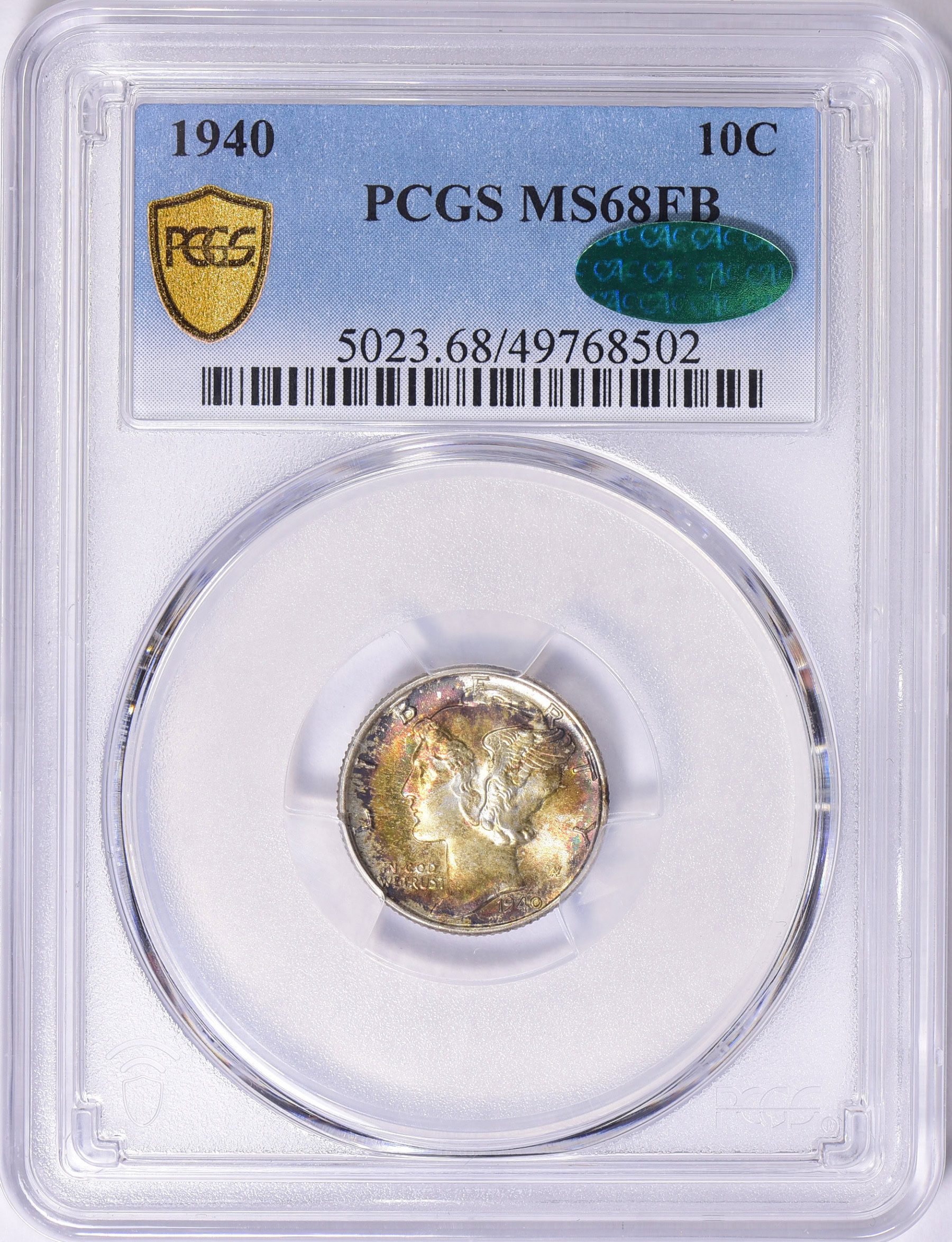 1940 Mercury Dime PCGS MS-68 FB (CAC Green) (Toned) (Item 1712646) | GreatCollections Coin Auctions