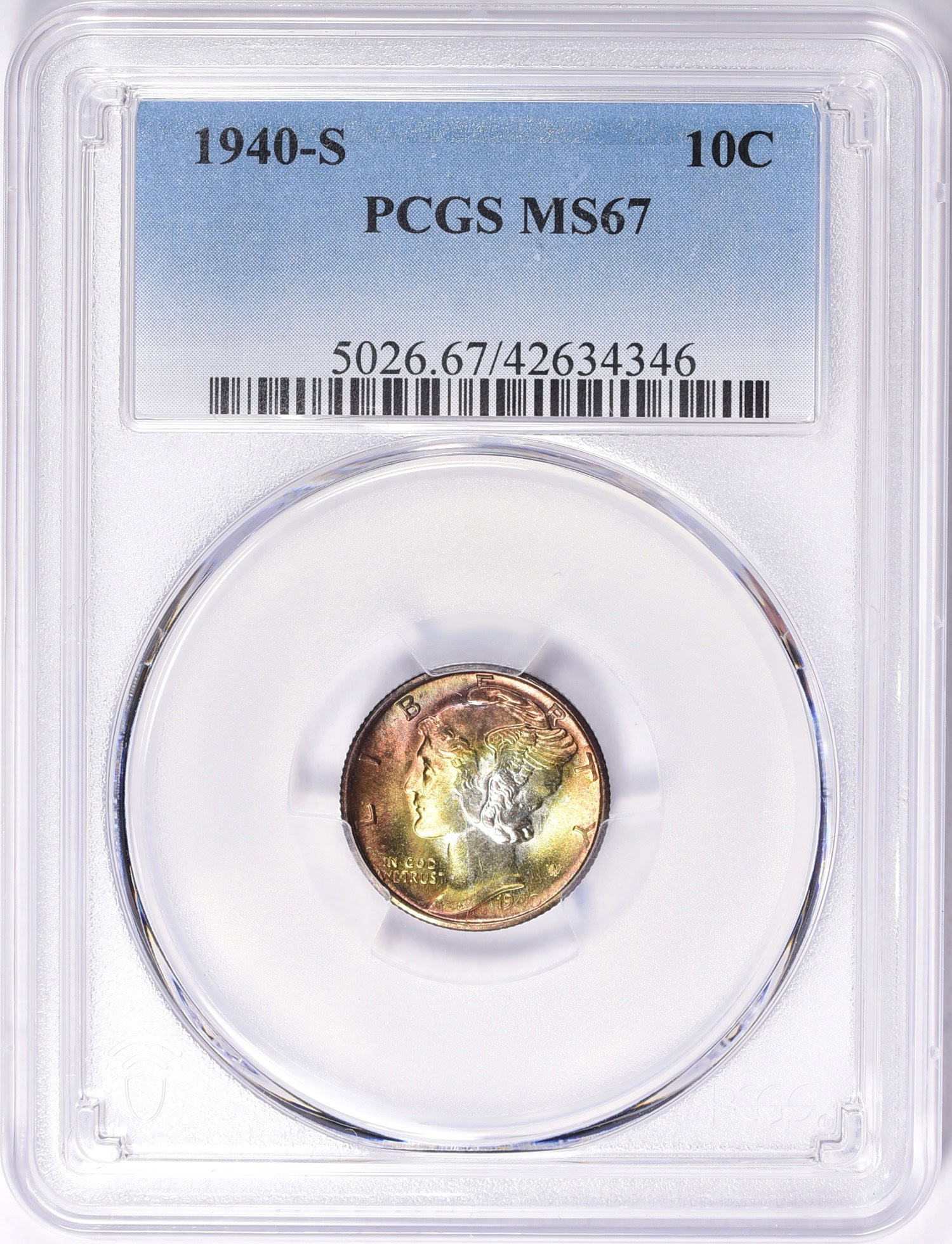 1940-S Mercury Dime PCGS MS-67 (Toned) (Item 1712649) | GreatCollections Coin Auctions