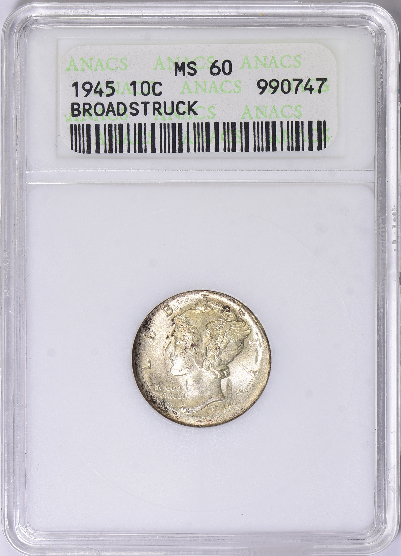 Mint Error 1945 Mercury Dime Broadstruck ANACS MS-60 OH | ANACS Cert ...