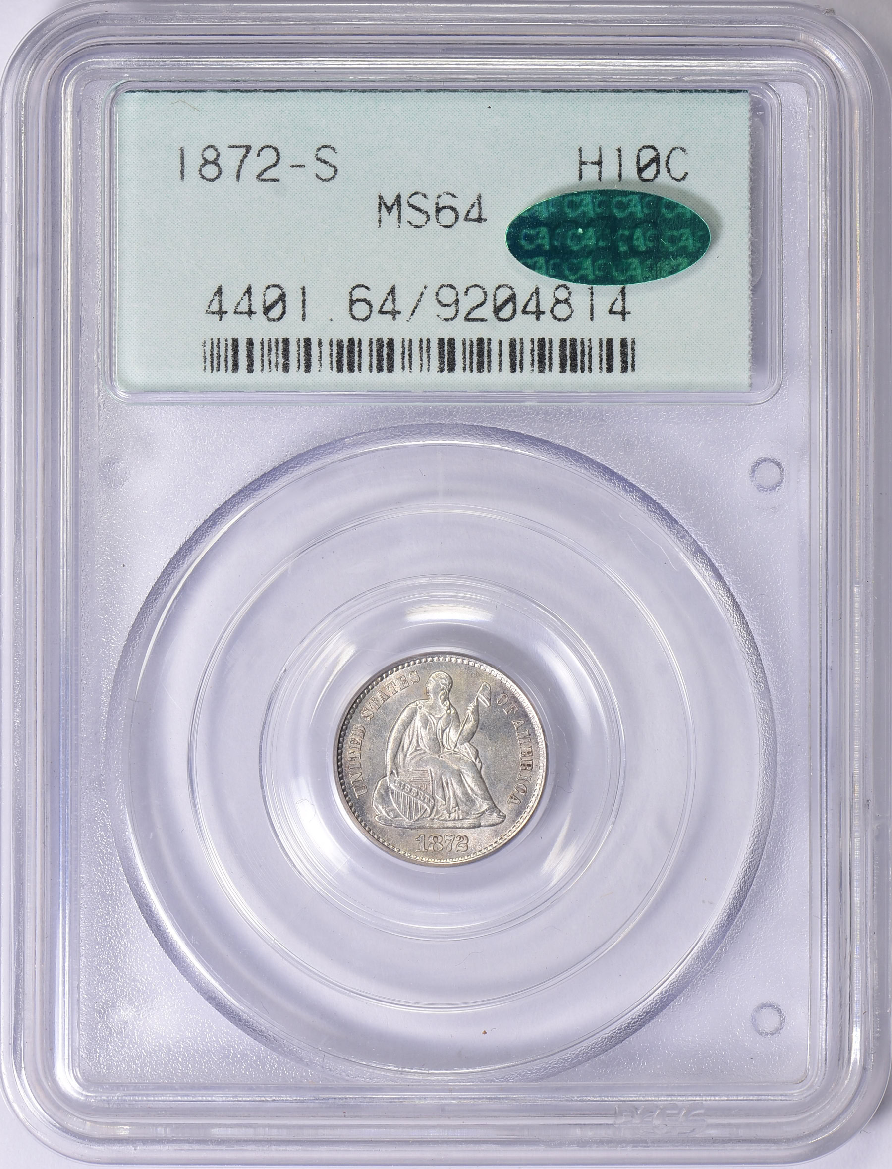 1872-S Seated Liberty Half Dime Mintmark Below Bow PCGS MS-64 (CAC Green) OGH (2nd Gen) (Item ...