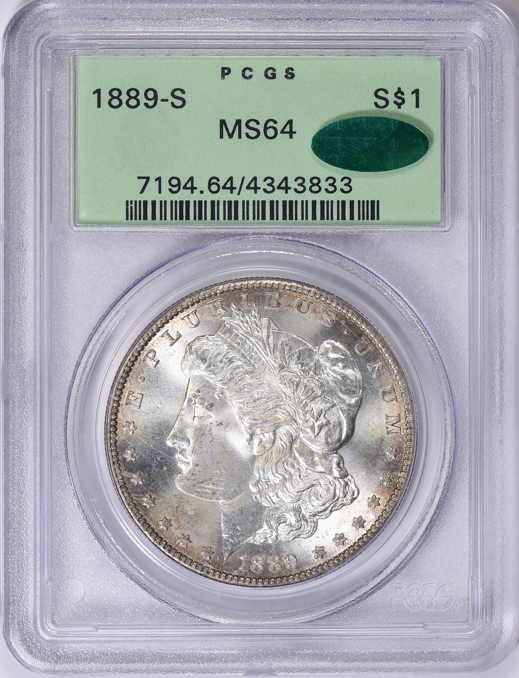 1889-S Morgan Silver Dollar PCGS MS-64 (CAC Green) OGH (Item 1713200) | GreatCollections Coin ...