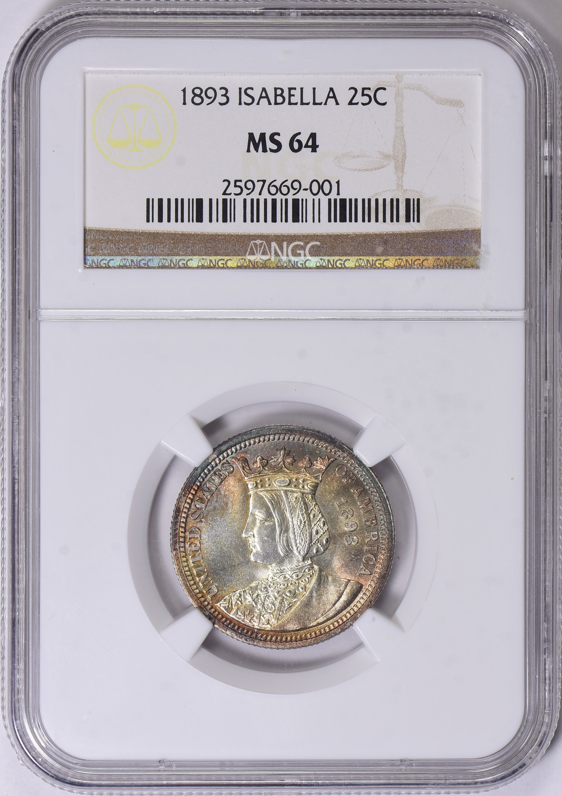 1893 World Columbian Exposition, Isabella Quarter NGC MS-64 (Toned ...