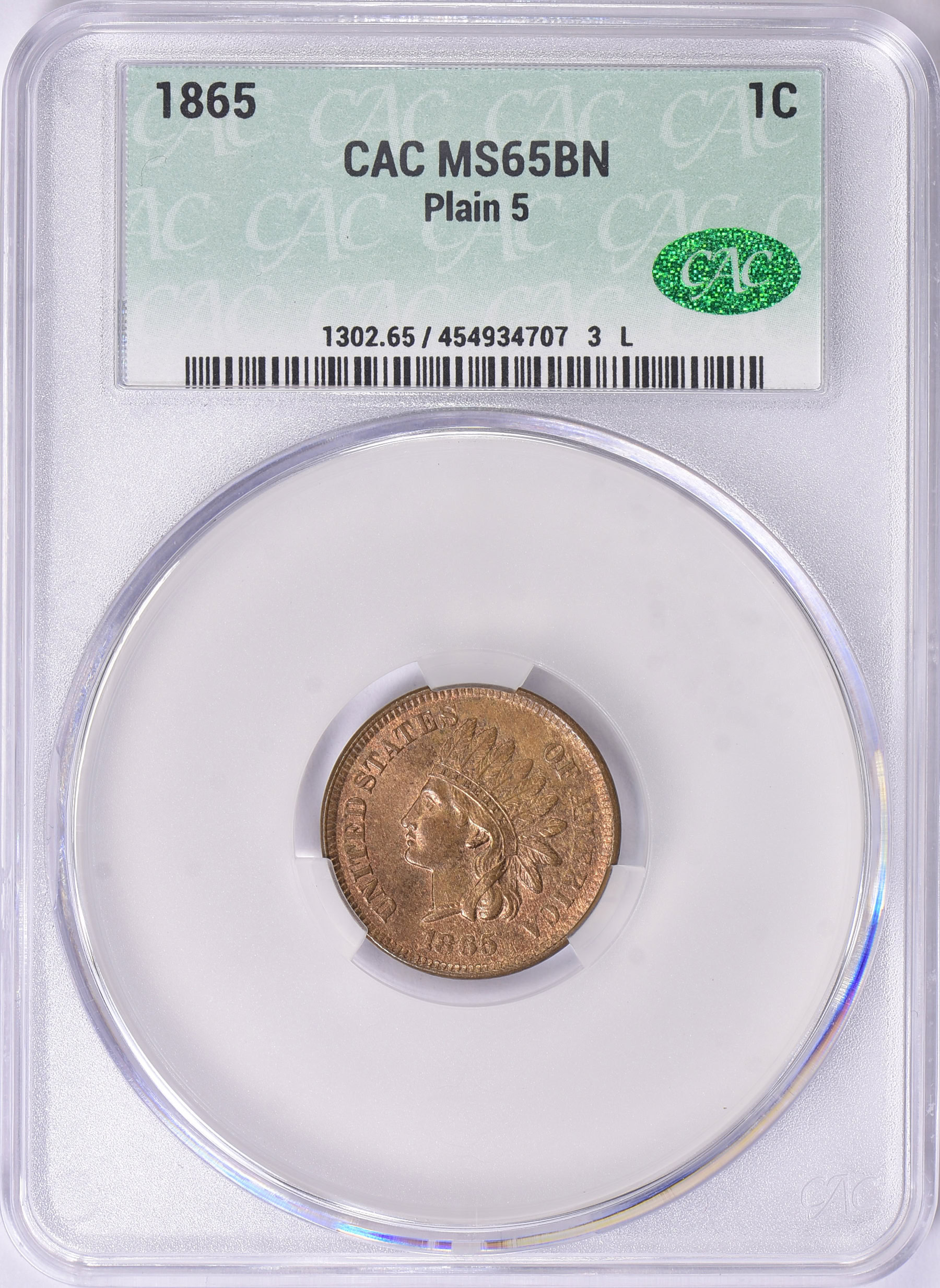 1865 Indian Cent Plain 5 CACG MS-65 BN (Item 1713286) | GreatCollections Coin Auctions
