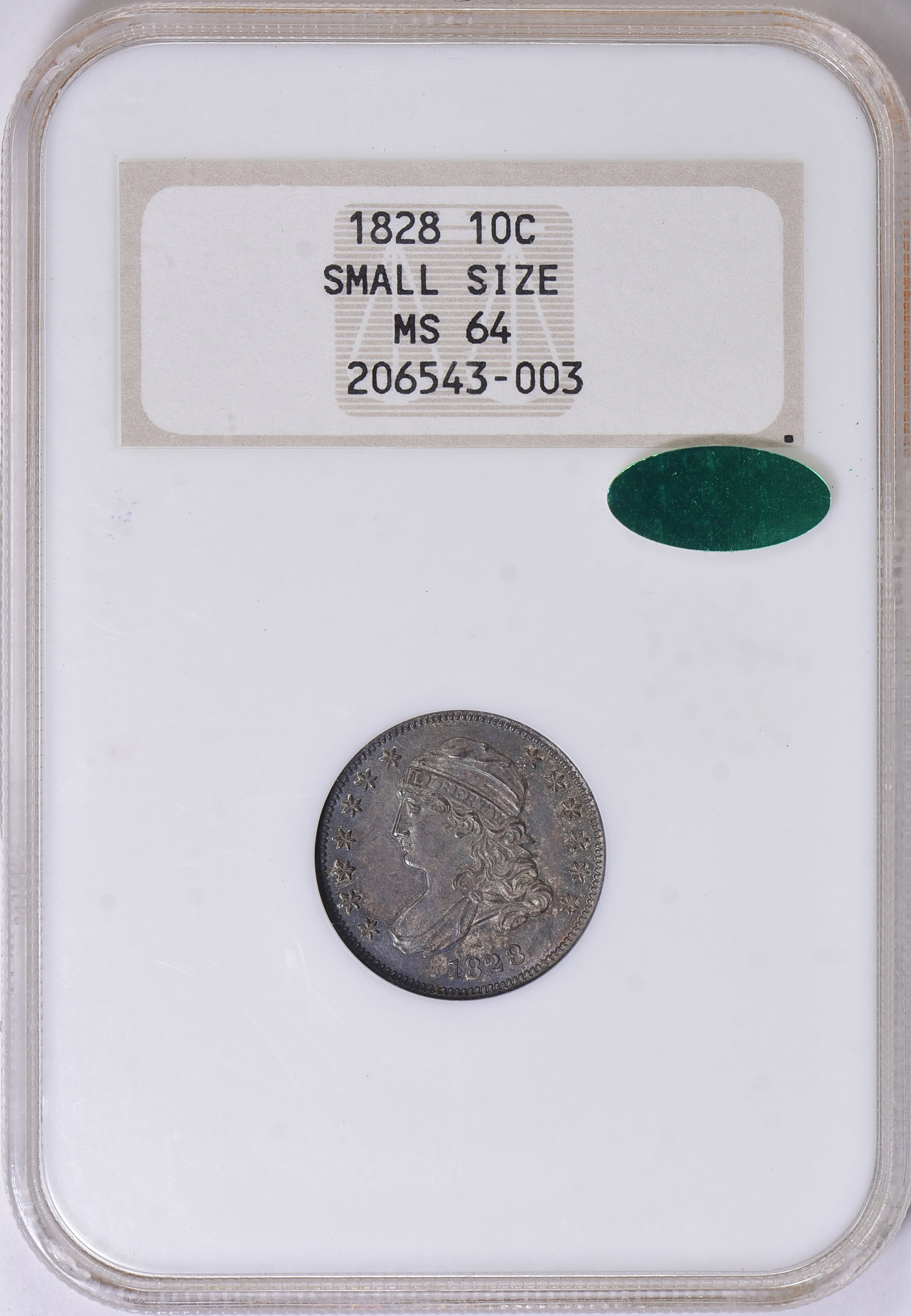 1828 Capped Bust Dime Small Size NGC MS-64 (CAC Green) OH (Toned) (Item ...