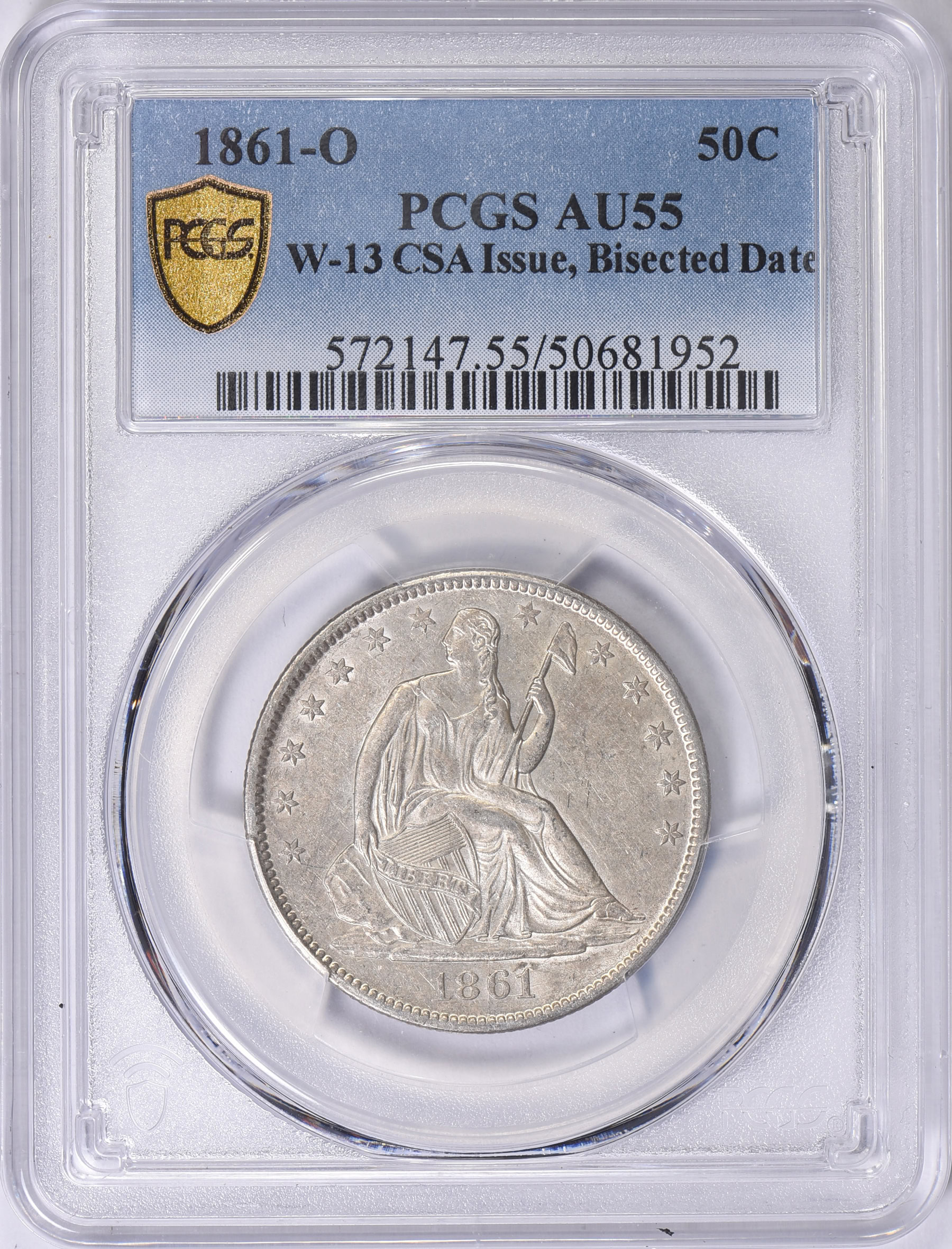 1861-O Seated Liberty Half Dollar CSA Issue Bisected Date W-13 PCGS AU-55 (Item 1713346 ...
