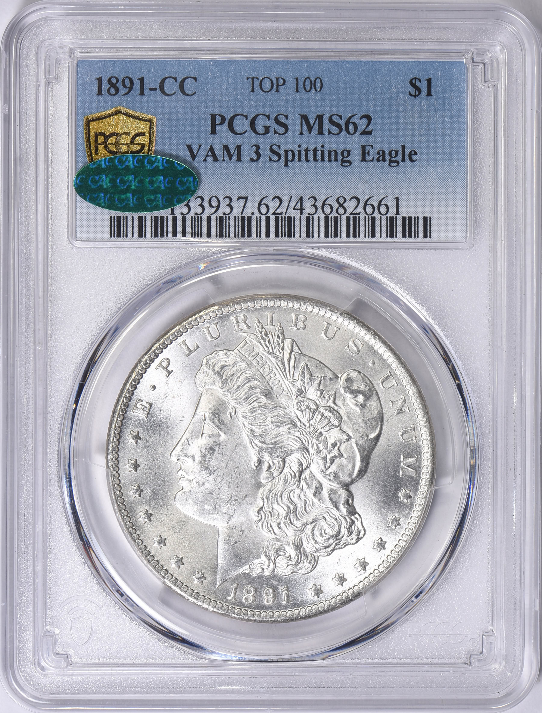 1891-CC Morgan Silver Dollar Spitting Eagle VAM-3 Top 100 PCGS MS-62 (CAC Green) (Item 1713424 ...