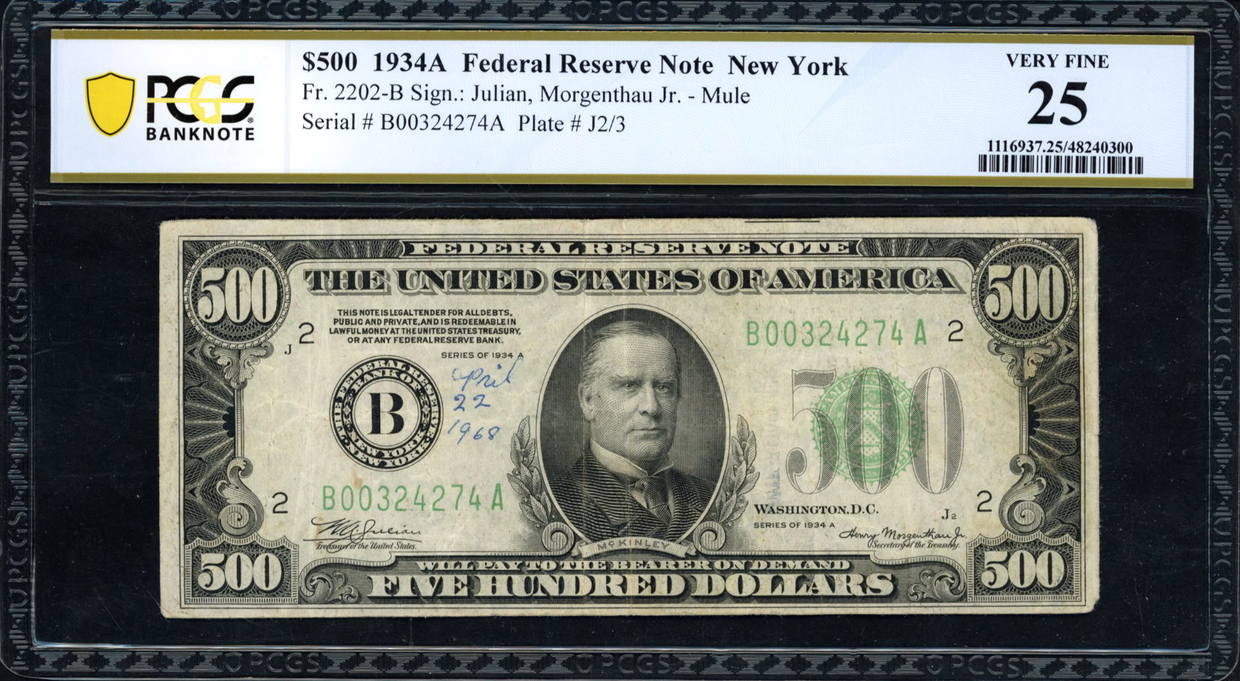 Fr. 2202-B (BA Block) 1934A $500 New York Federal Reserve Note Julian / Morgenthau PCGS Banknote ...
