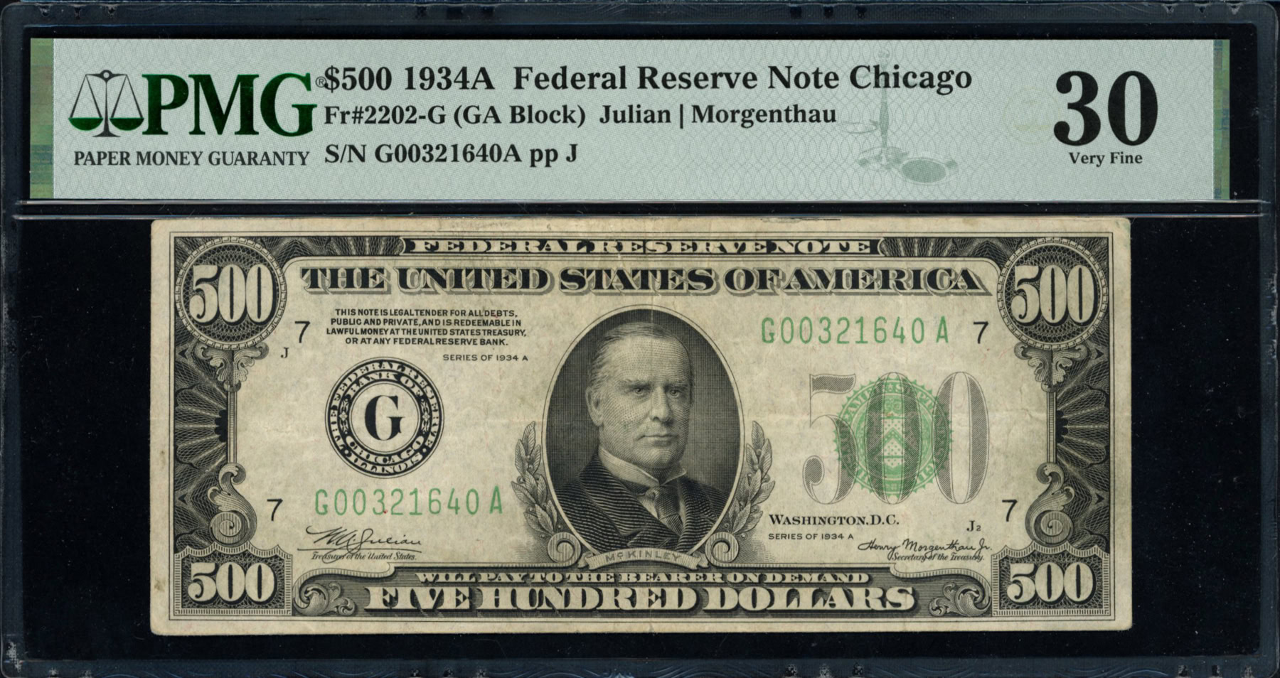 Fr. 2202-G (GA Block) 1934A $500 Chicago Federal Reserve Note Julian / Morgenthau PMG Very Fine ...