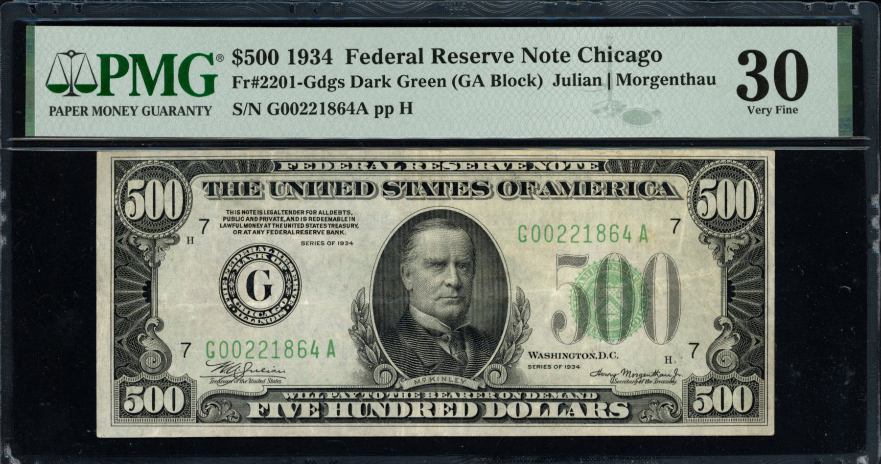 Fr. 2201-Gdgs Dark Green (GA Block) 1934 $500 Chicago Federal Reserve ...