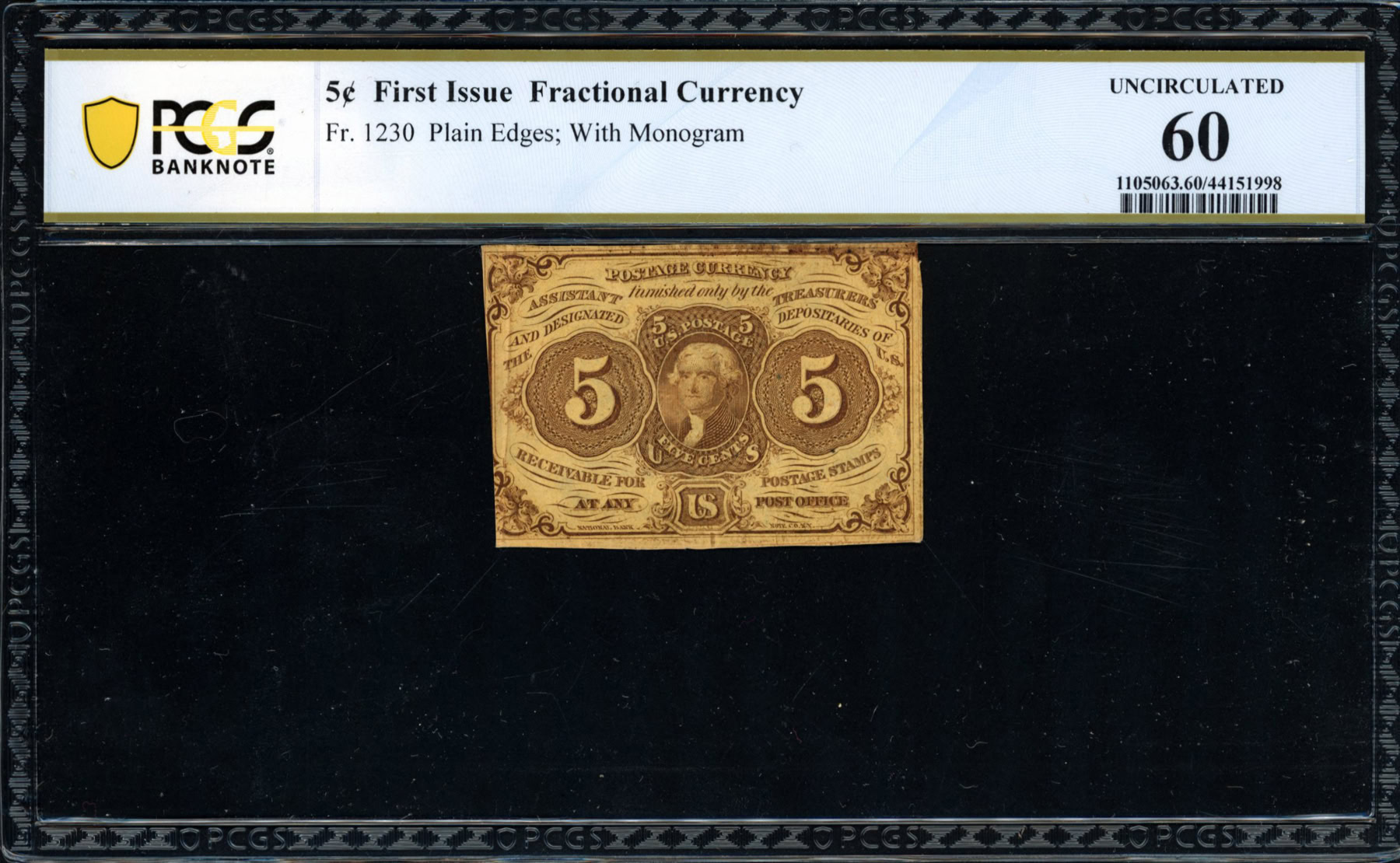 Fr. 1230 First Issue 5 Cents Fractional Currency Note Straight Edges ...