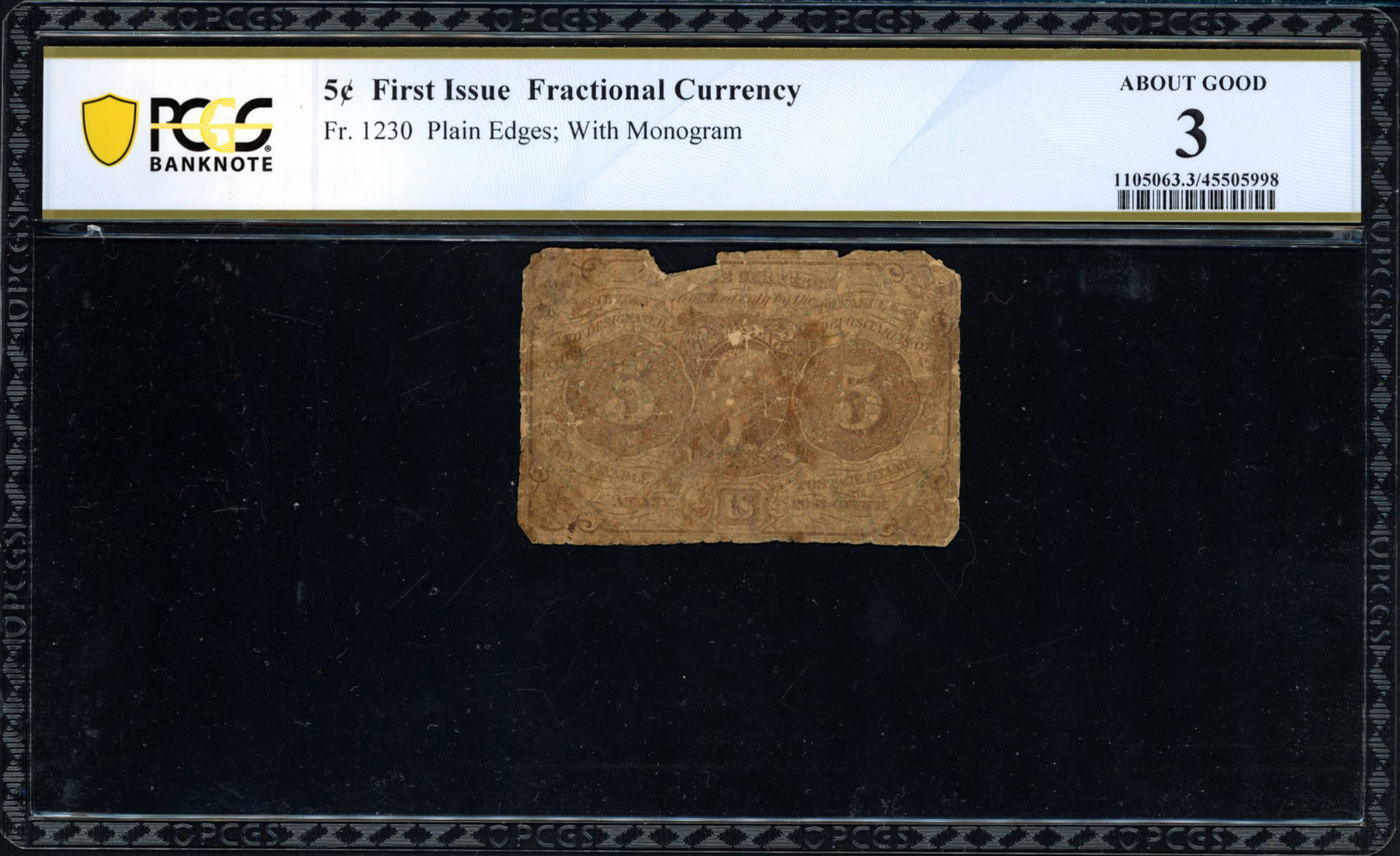 Fr. 1230 First Issue 5 Cents Fractional Currency Note Straight Edges ...