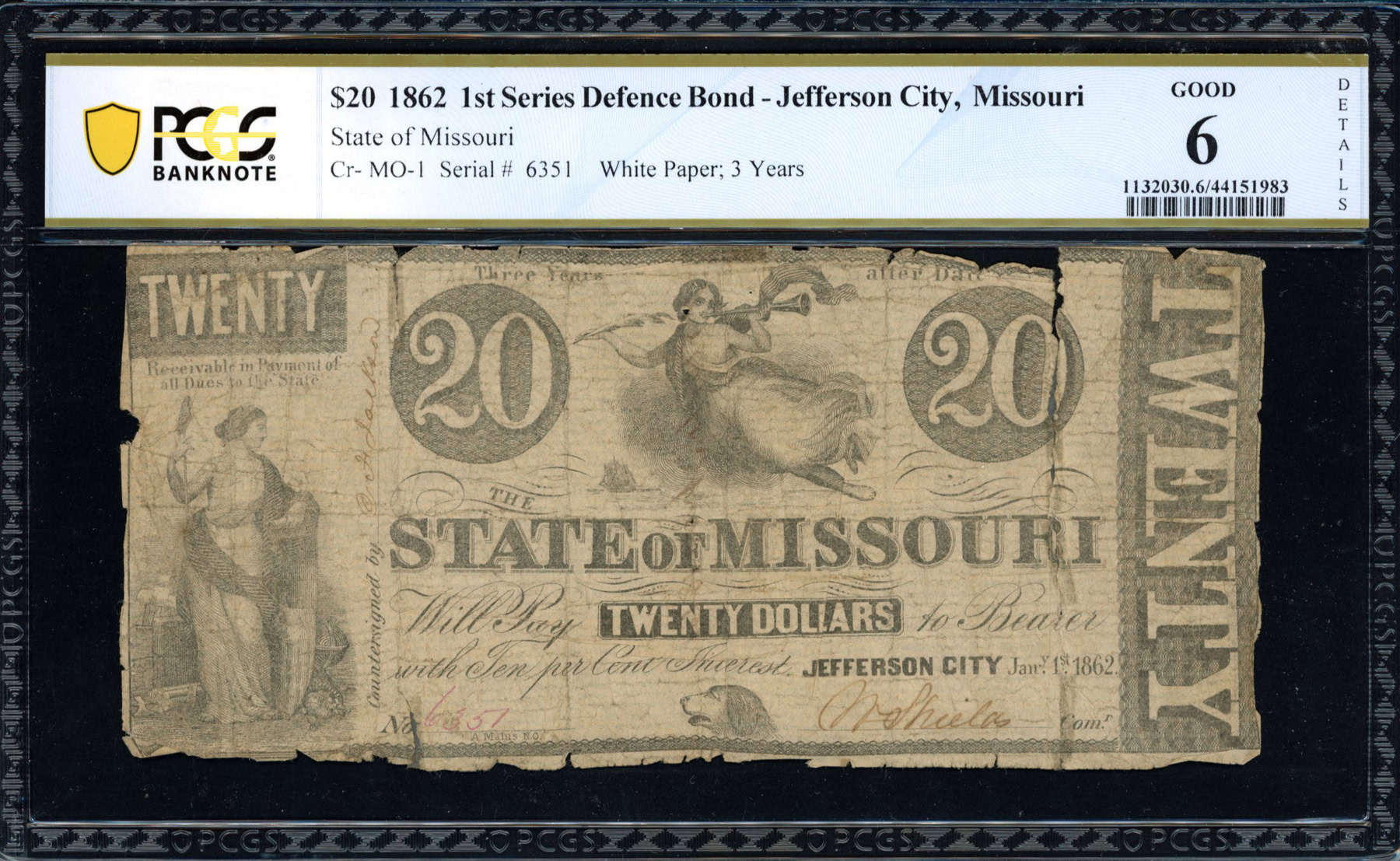 1862 Jefferson City, Missouri State of Missouri $20 Defence Bond Note ...