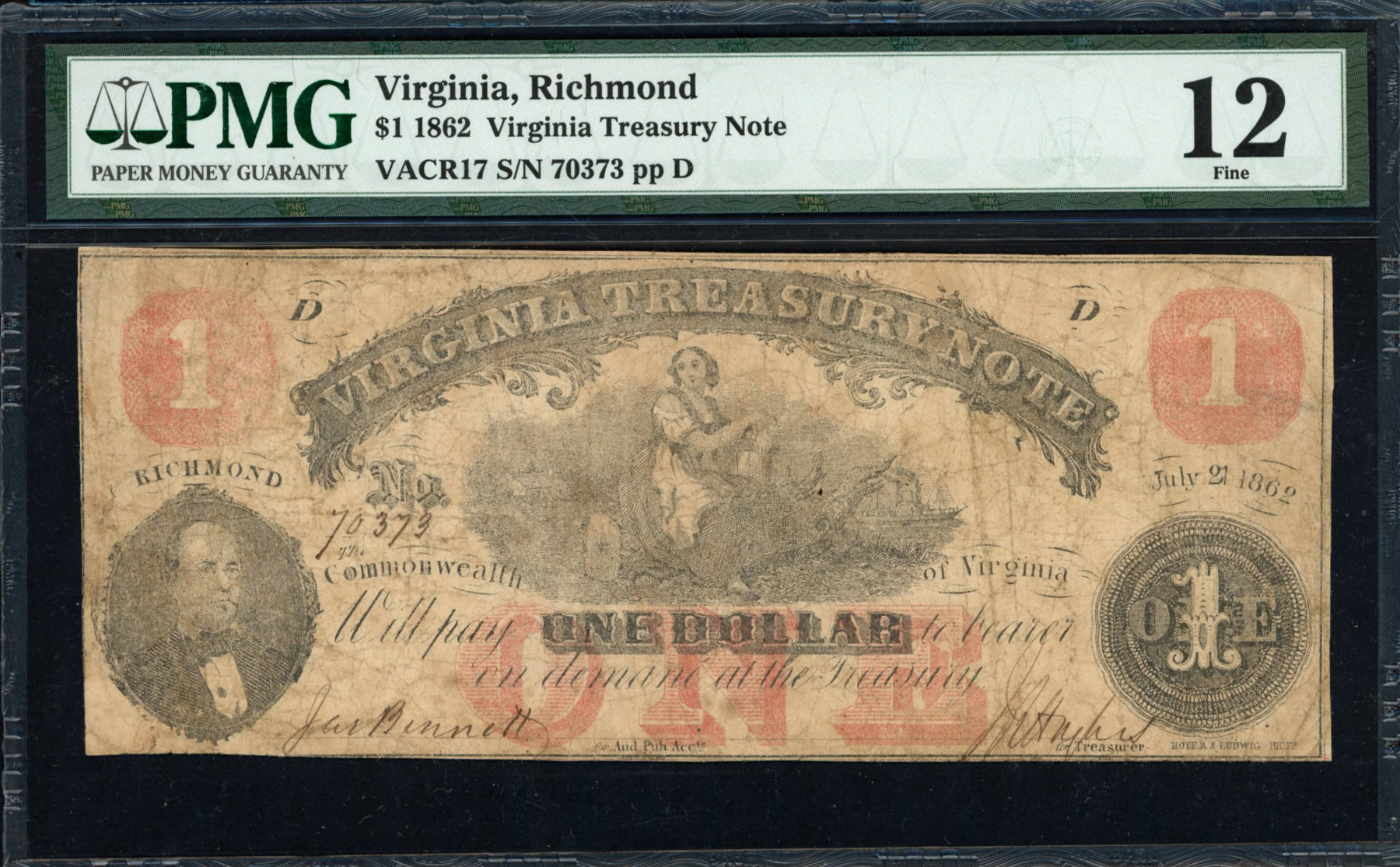 1862 Richmond, Virginia $1 Virginia Treasury Note PMG Fine 12 | PMG ...