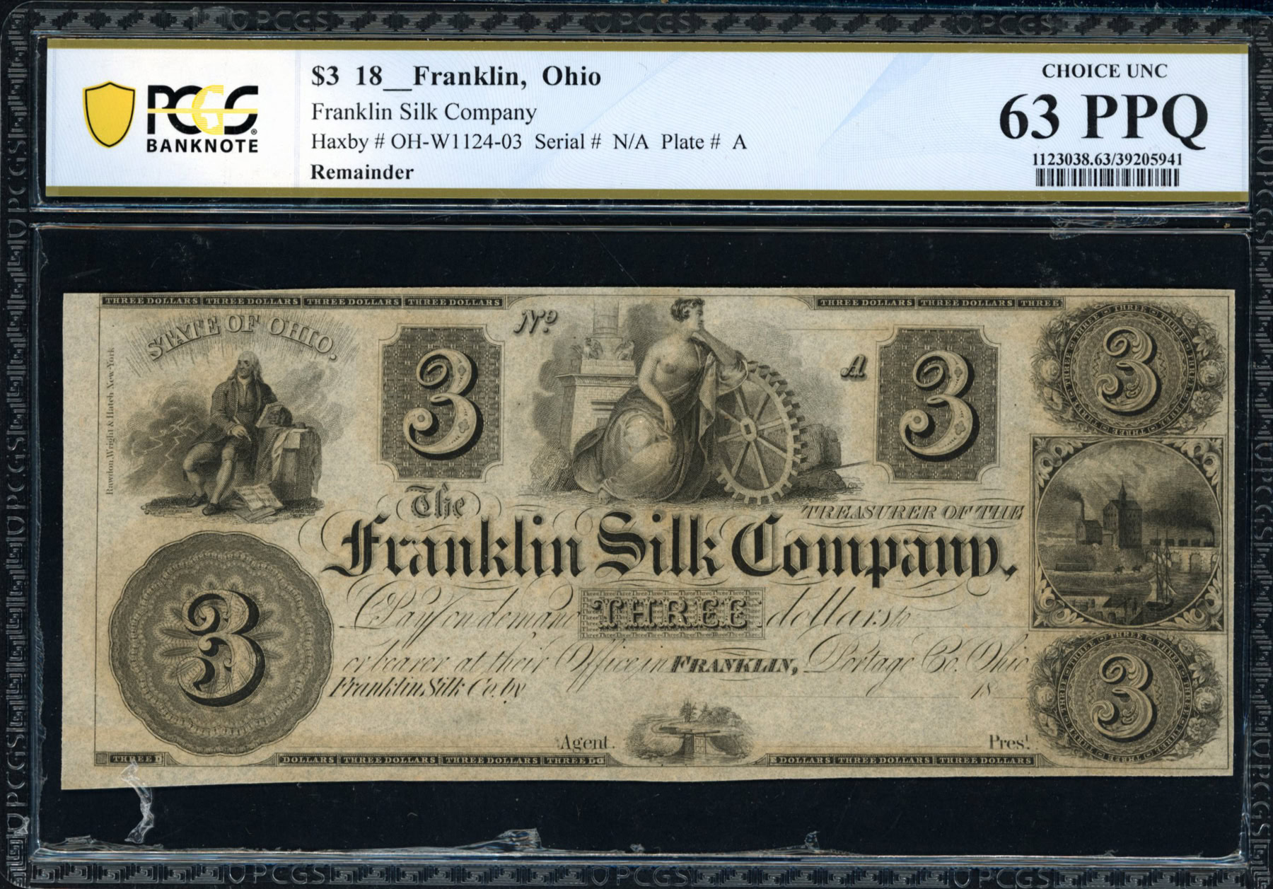 1836-38 Franklin, Ohio Franklin Silk Company $3 Remainder Note PCGS ...