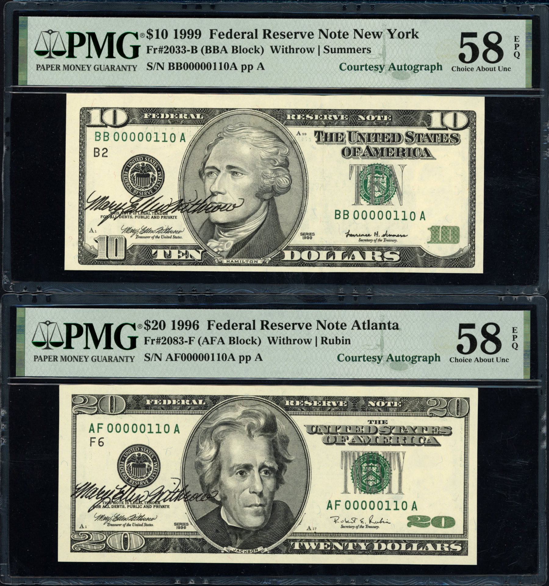 Fr. 2033-B & 2083-F 1996 & 1999 $10 & $20 Federal Reserve Notes With ...