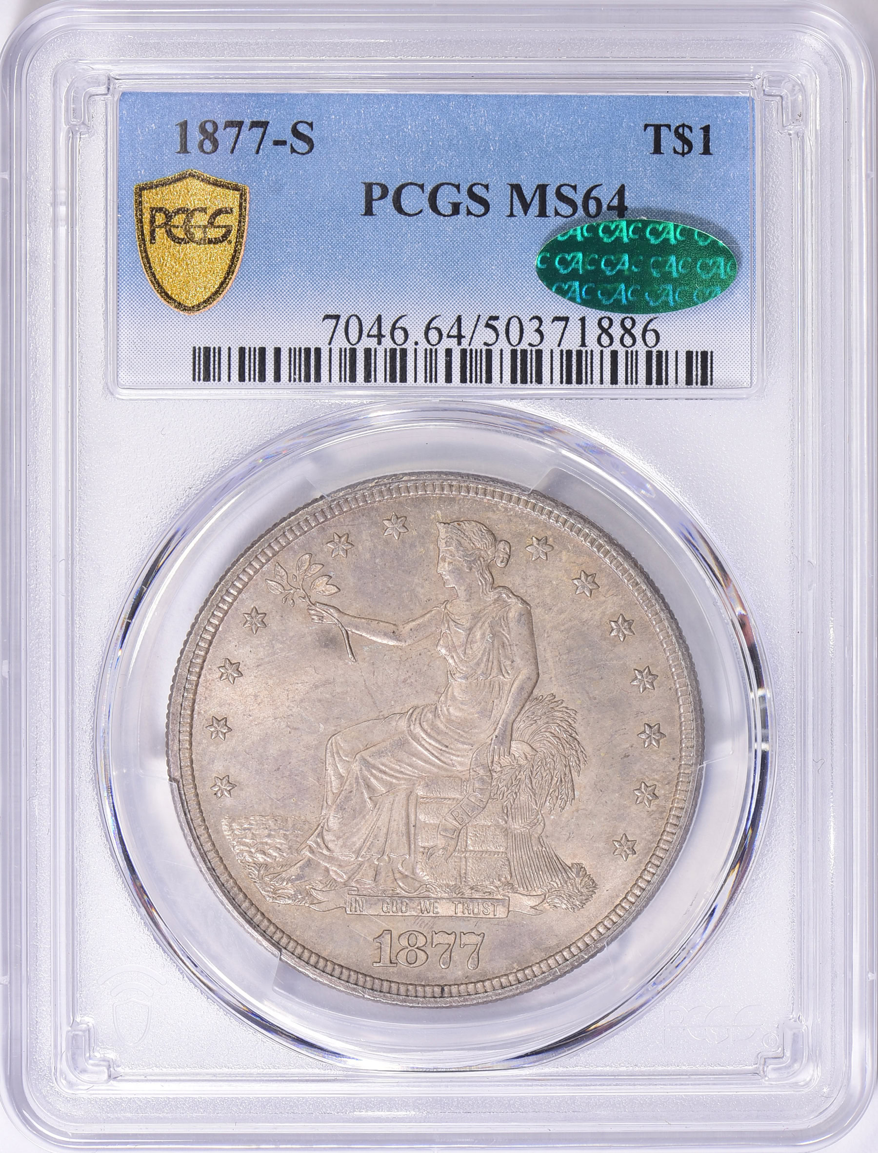1877-S Trade Silver Dollar PCGS MS-64 (CAC Green) (Toned) (Item 1713827) | GreatCollections Coin ...