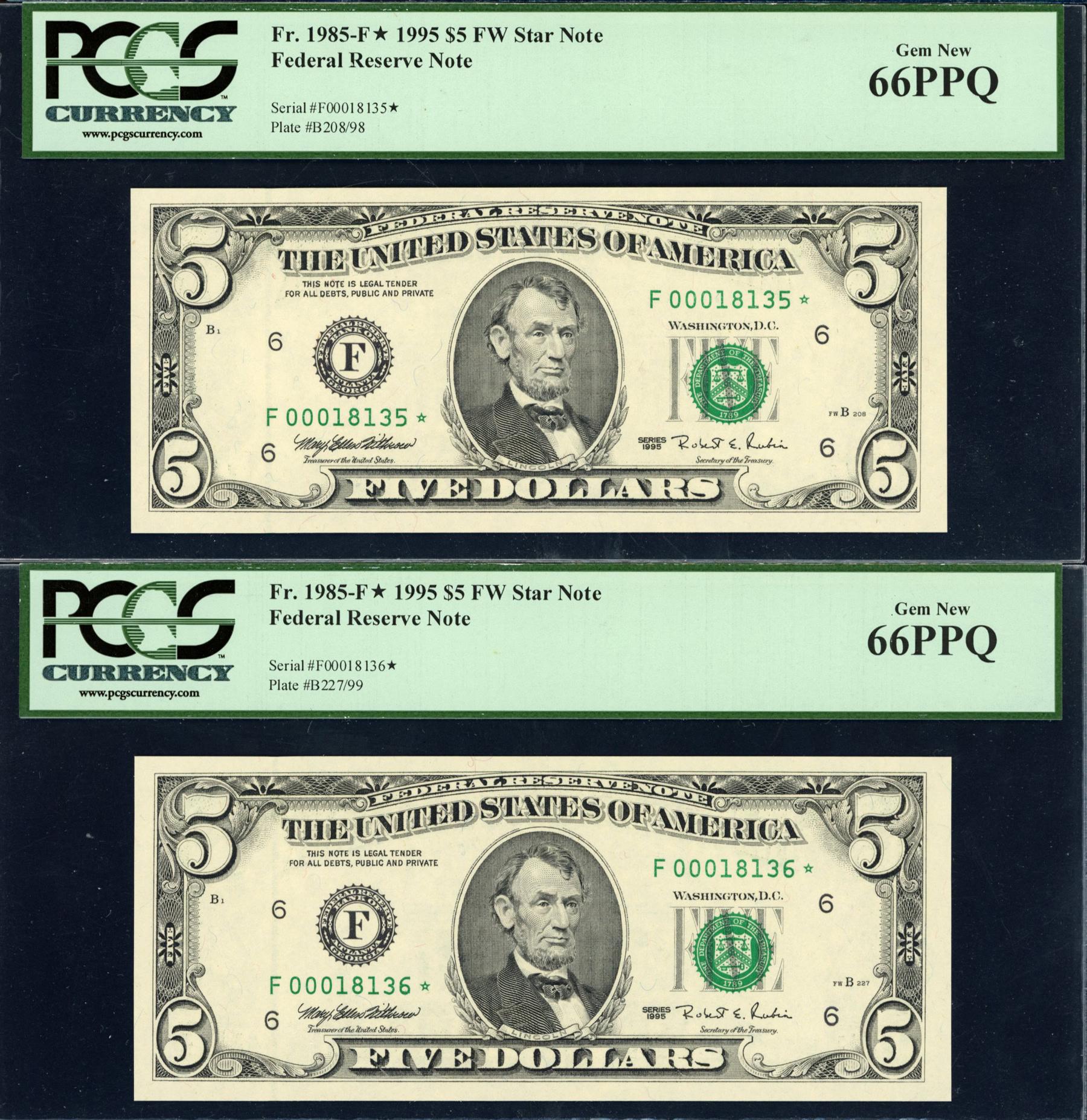 Fr. 1985-F* (F* Block) 1995 $5 Atlanta Federal Reserve Notes Sequential ...
