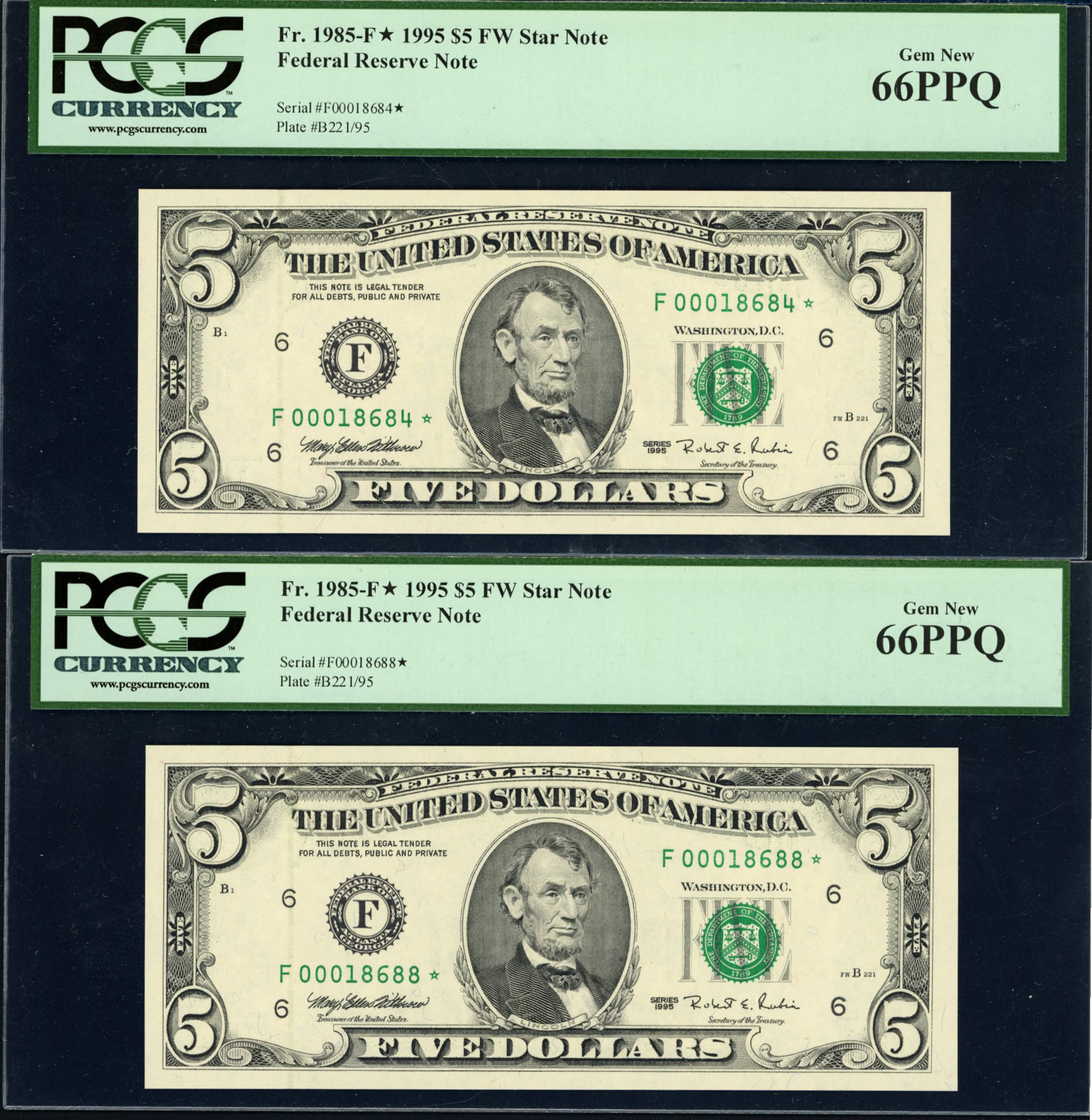 Fr. 1985-F* (F* Block) 1995 $5 Atlanta Federal Reserve Notes Selection ...