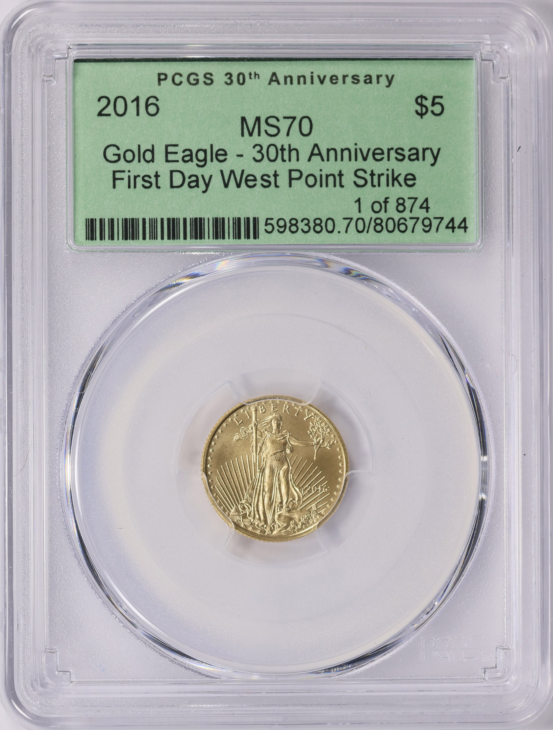 2016 $5 Tenth-Ounce Gold American Eagle - 30th Anniversary First Day West Point Strike PCGS MS ...