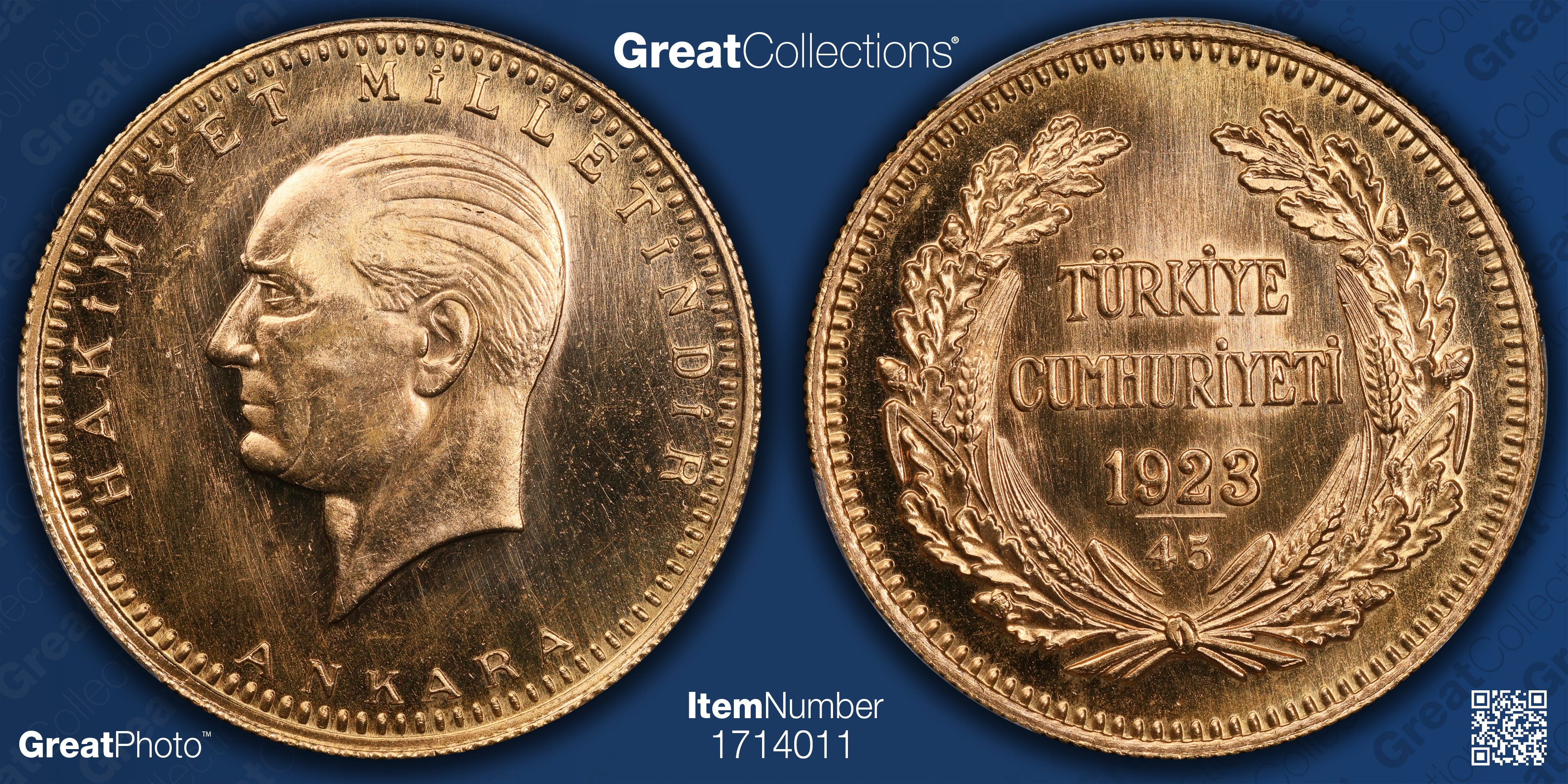 Turkey 1923 Year 45 (1968) Gold 500 Kurush Kemal Atatürk KM-859 PCGS MS ...