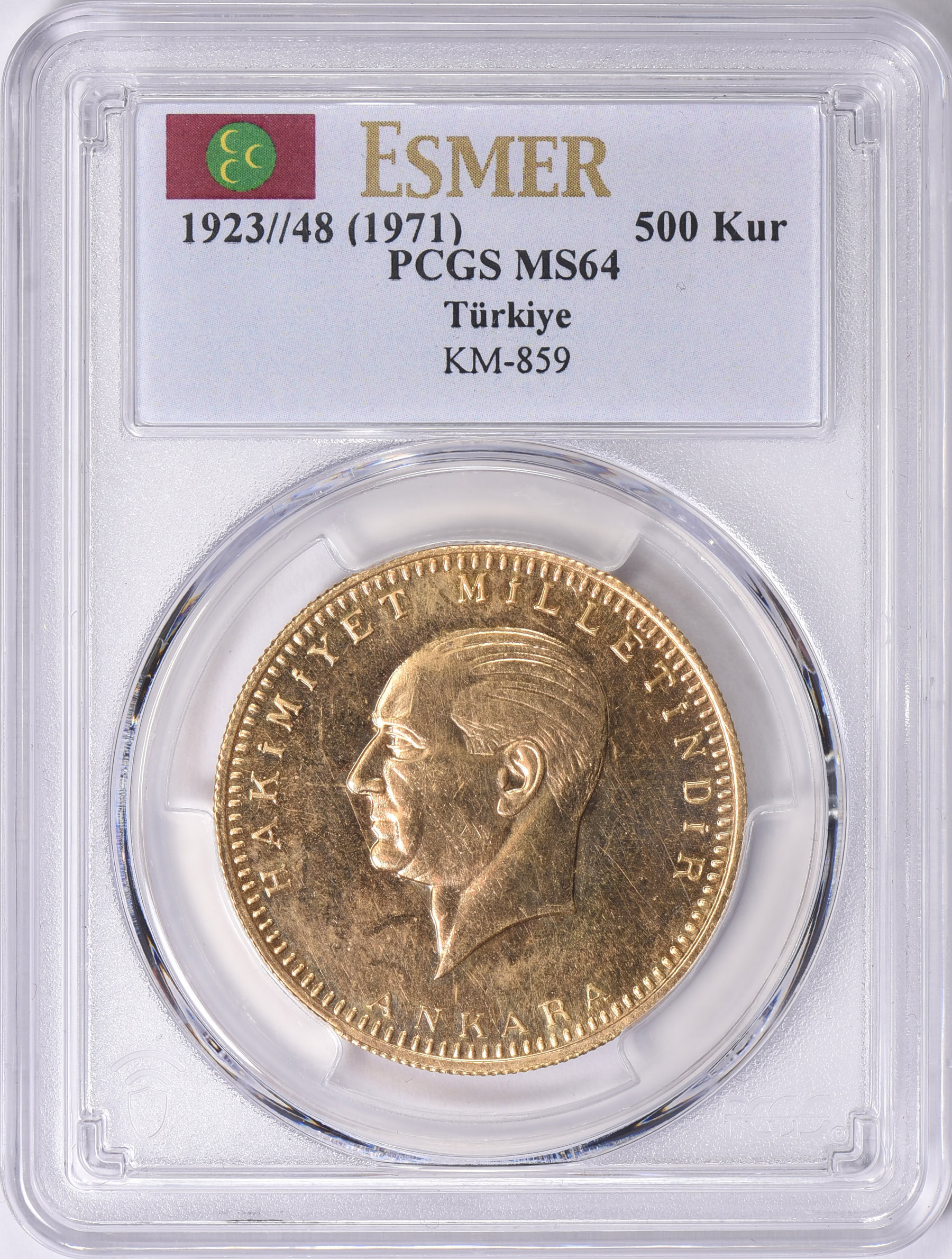 Turkey 1923 Year 48 (1971) Gold 500 Kurush Kemal Atatürk KM-859 PCGS MS ...