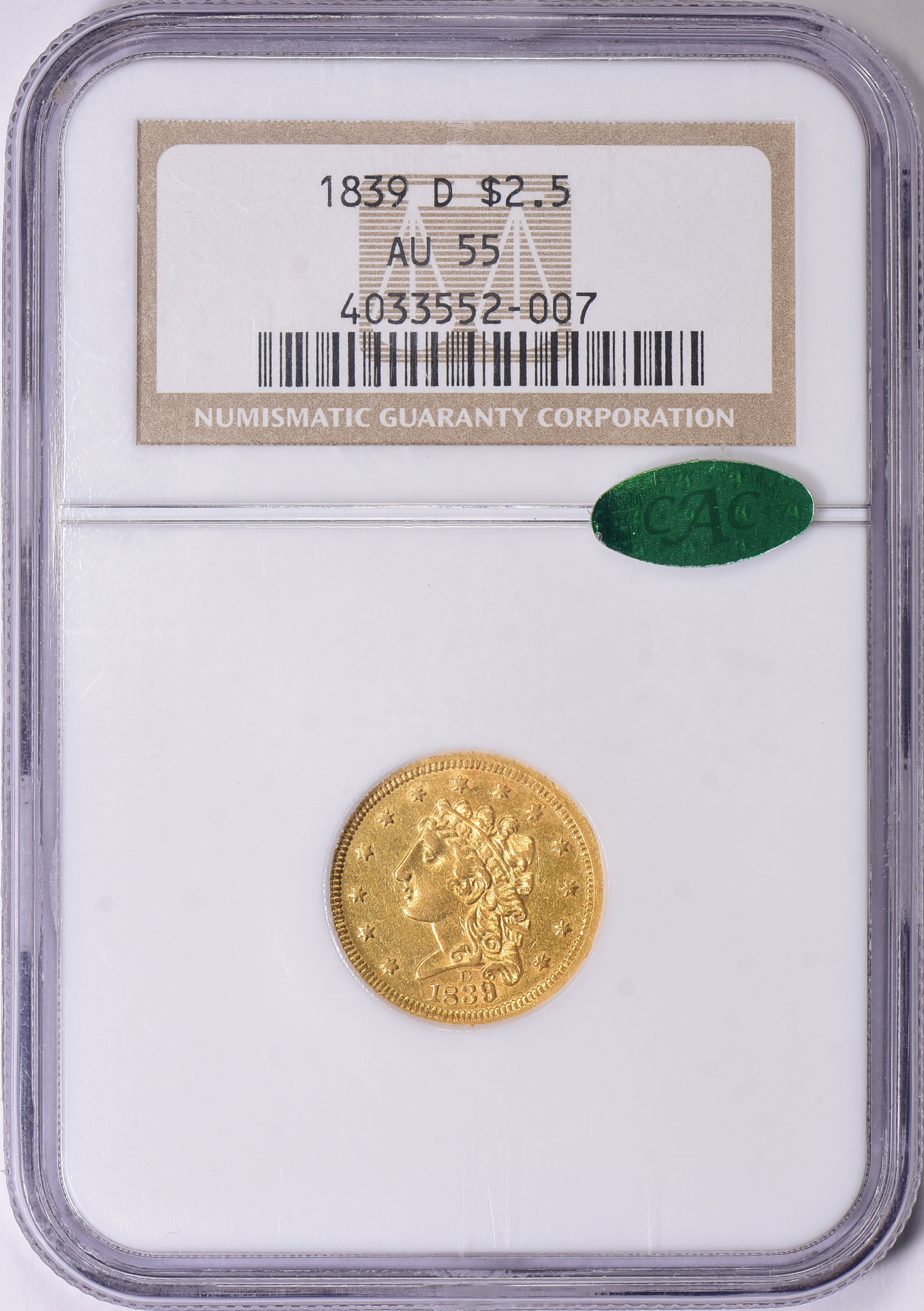 1839-D Classic Gold Quarter Eagle NGC AU-55 (CAC Green) (Item 1714028 ...