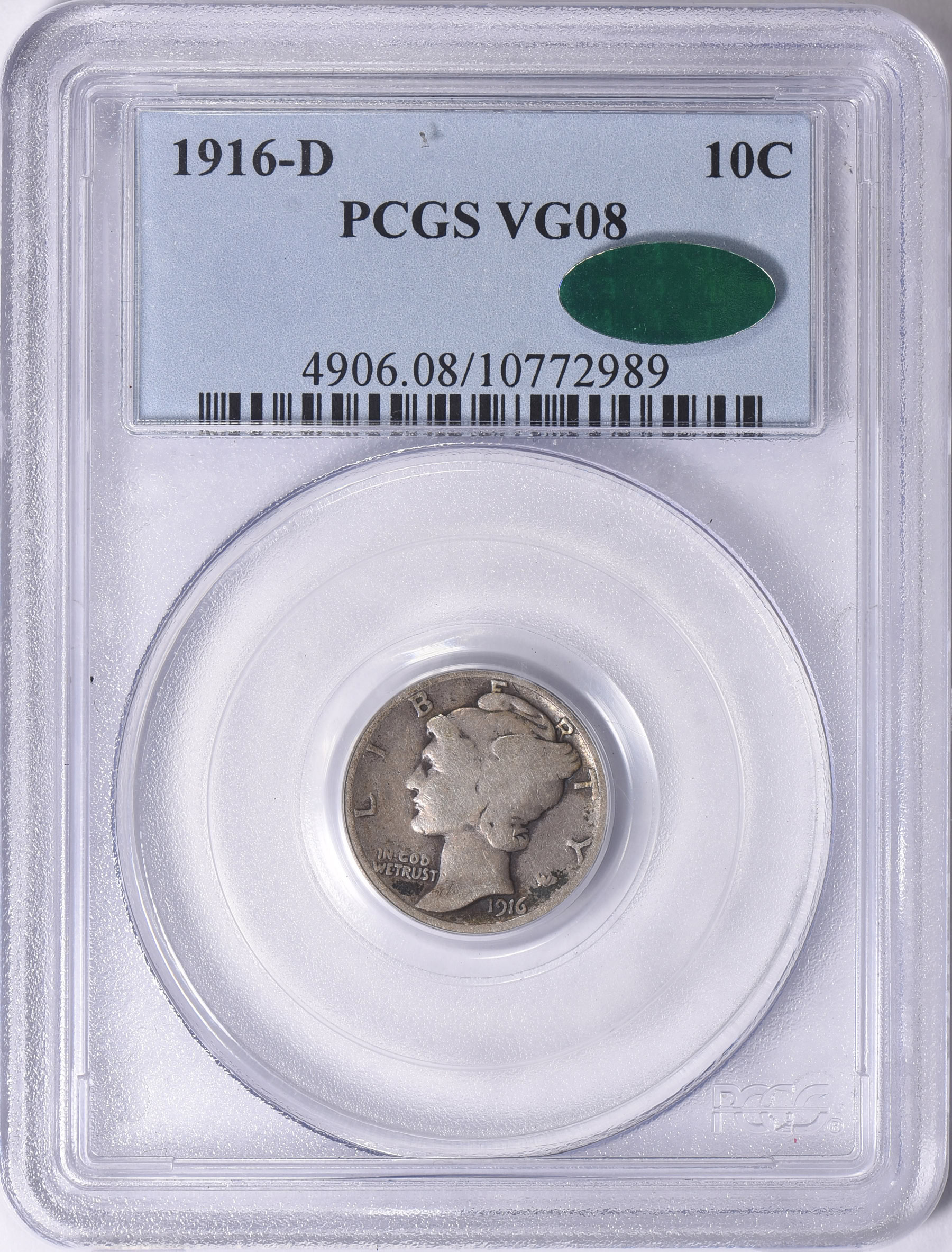 1916-D Mercury Dime PCGS VG-08 (CAC Green) (Item 1714157) | GreatCollections Coin Auctions
