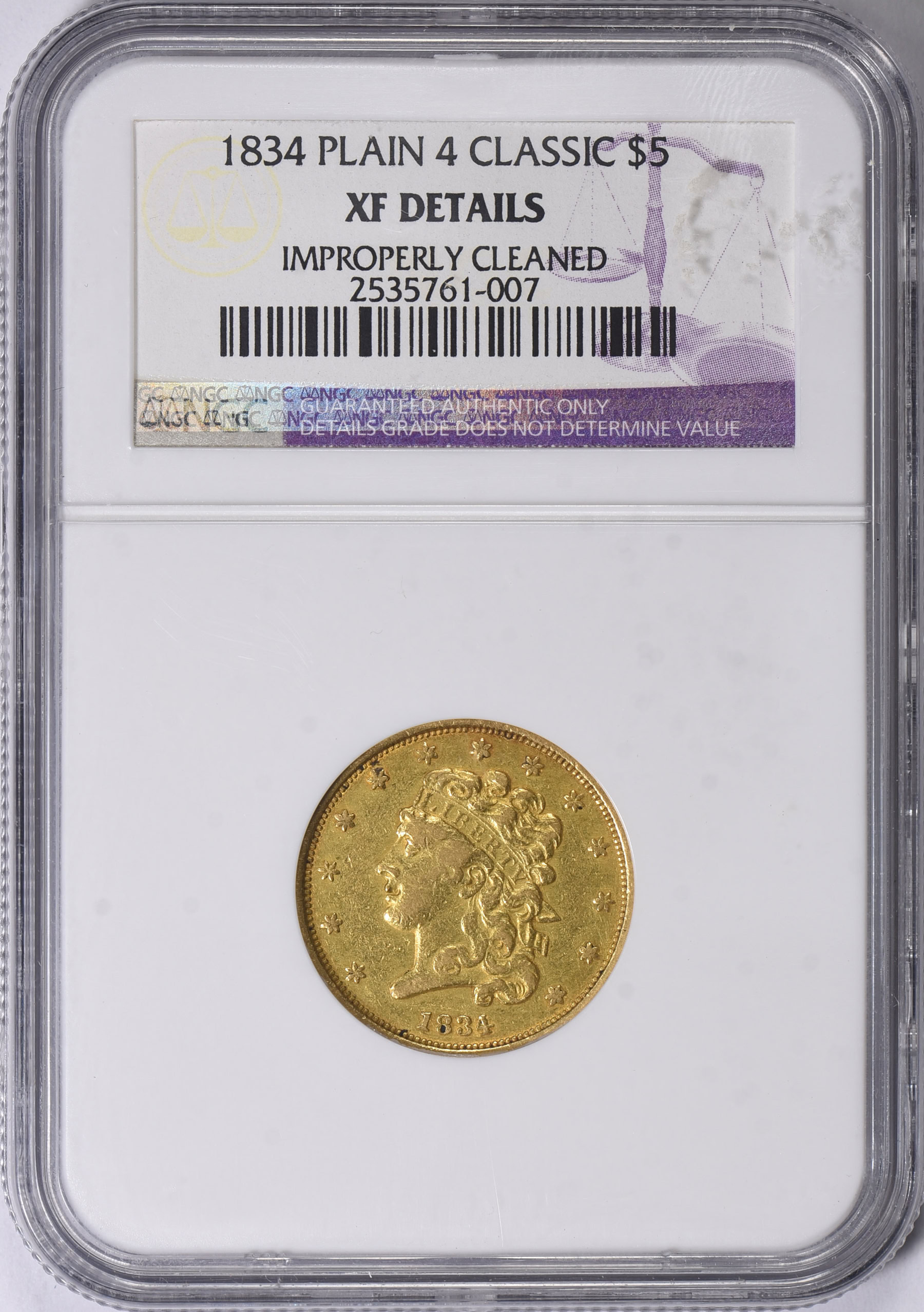 1834 Classic Head Gold Half Eagle Plain 4 NGC XF Details (Item 1714235) | GreatCollections Coin ...