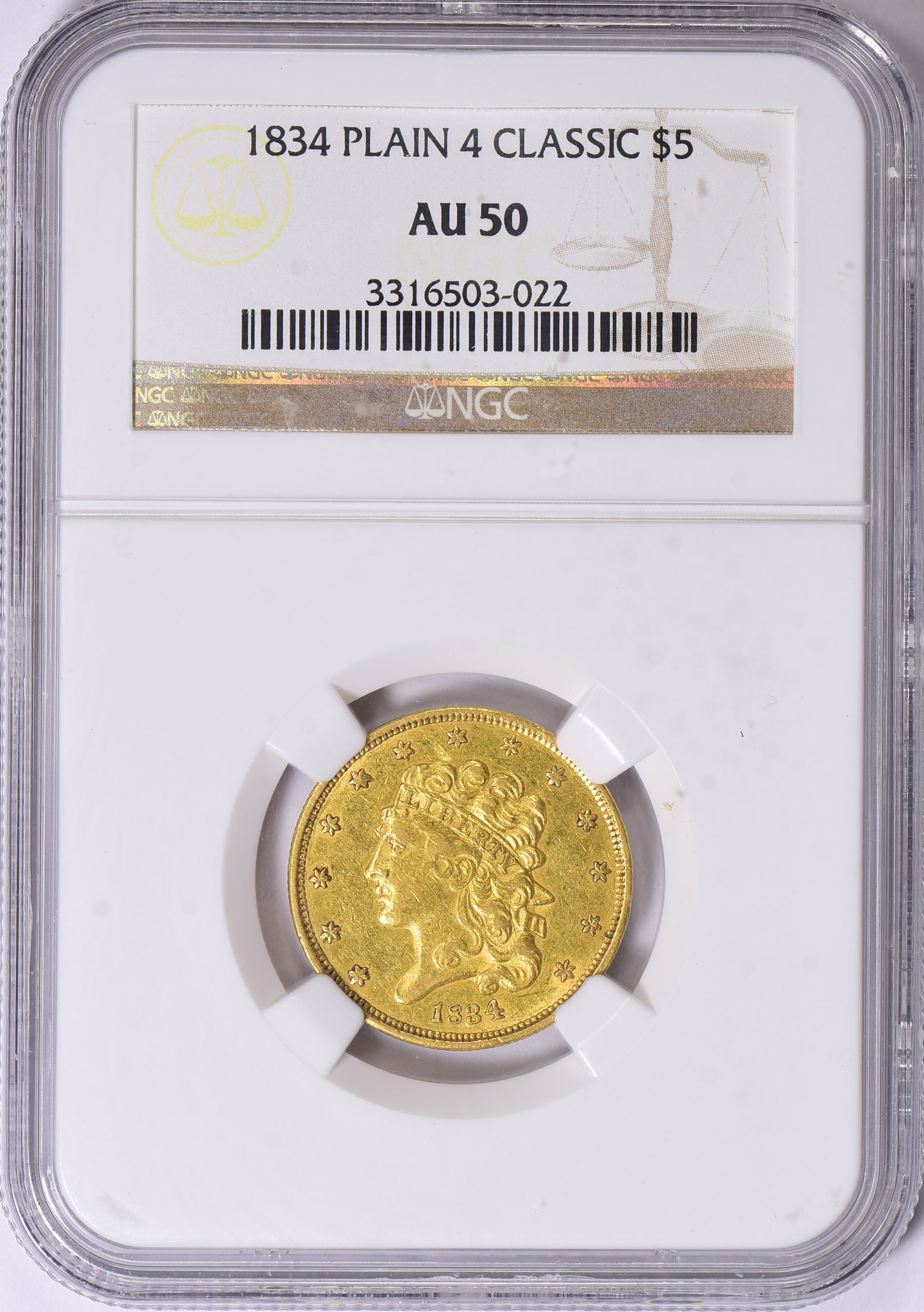 1834 Classic Head Gold Half Eagle Plain 4 NGC AU-50 (Item 1714237) | GreatCollections Coin Auctions