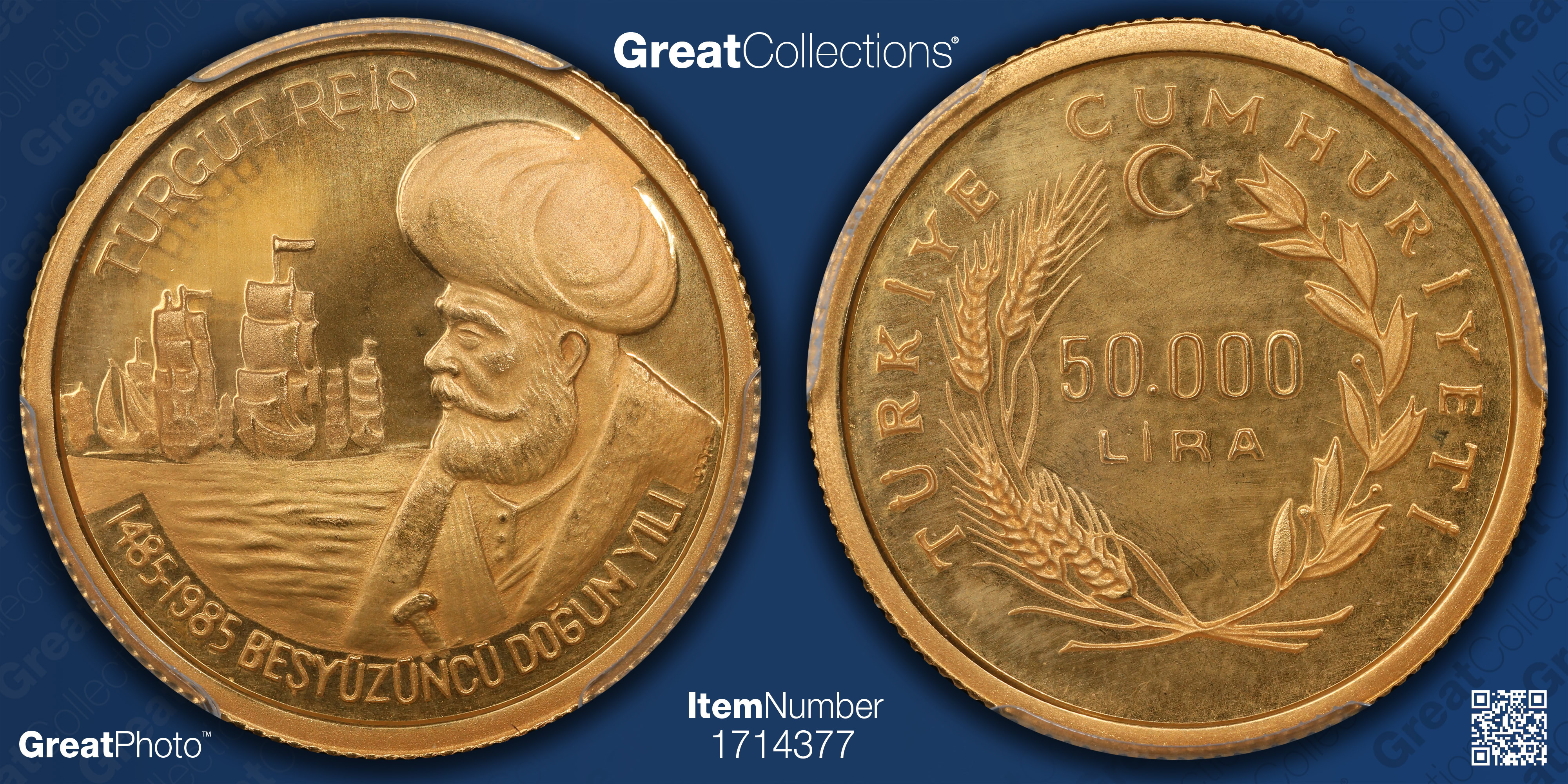 Turkey 1985 Gold 50,000 Lira (50 Bin Lara) Ali Pasha PCGS Proof-67 ...