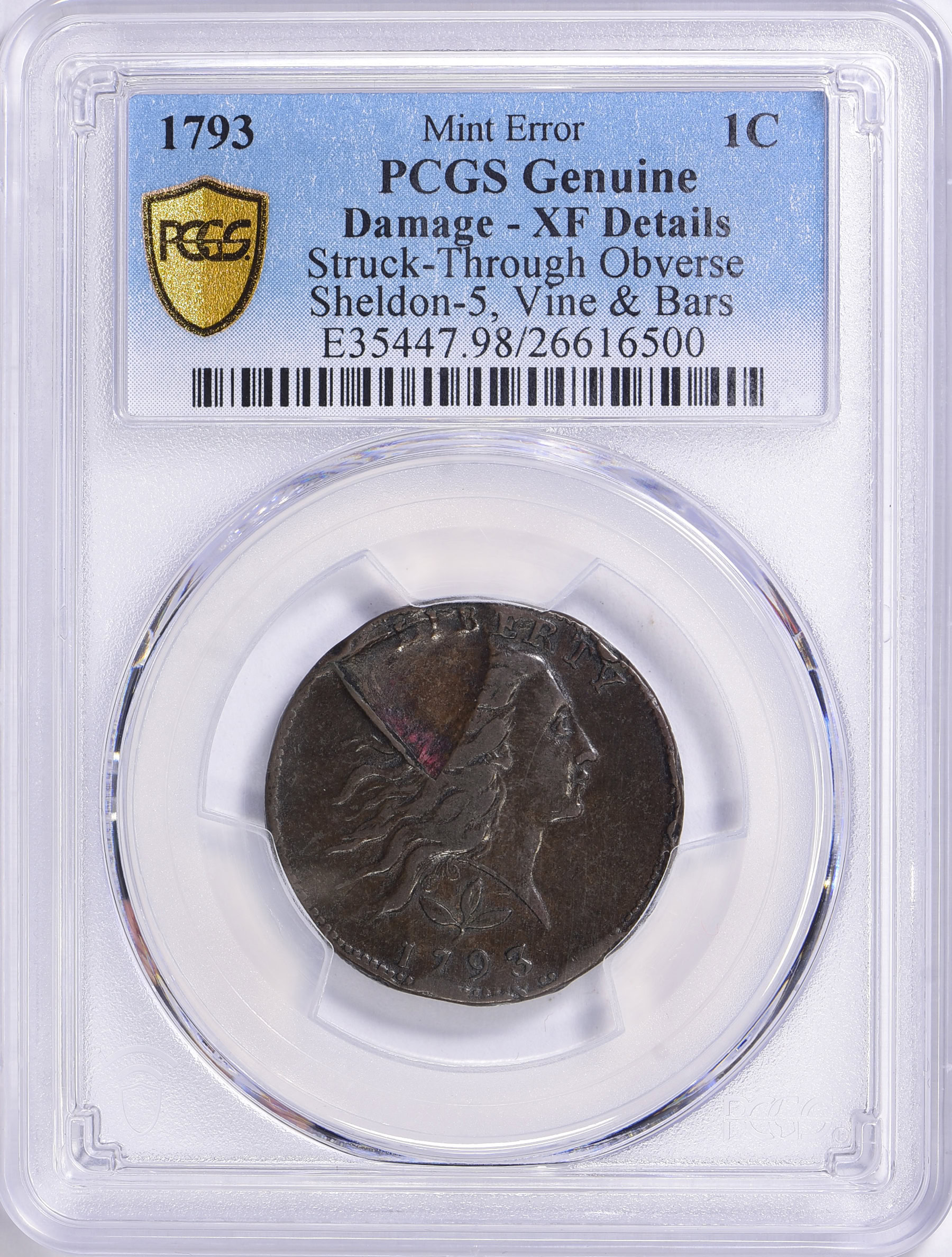 Mint Error 1793 Wreath Cent Vine and Bars Edge Sheldon 5 Struck Through ...