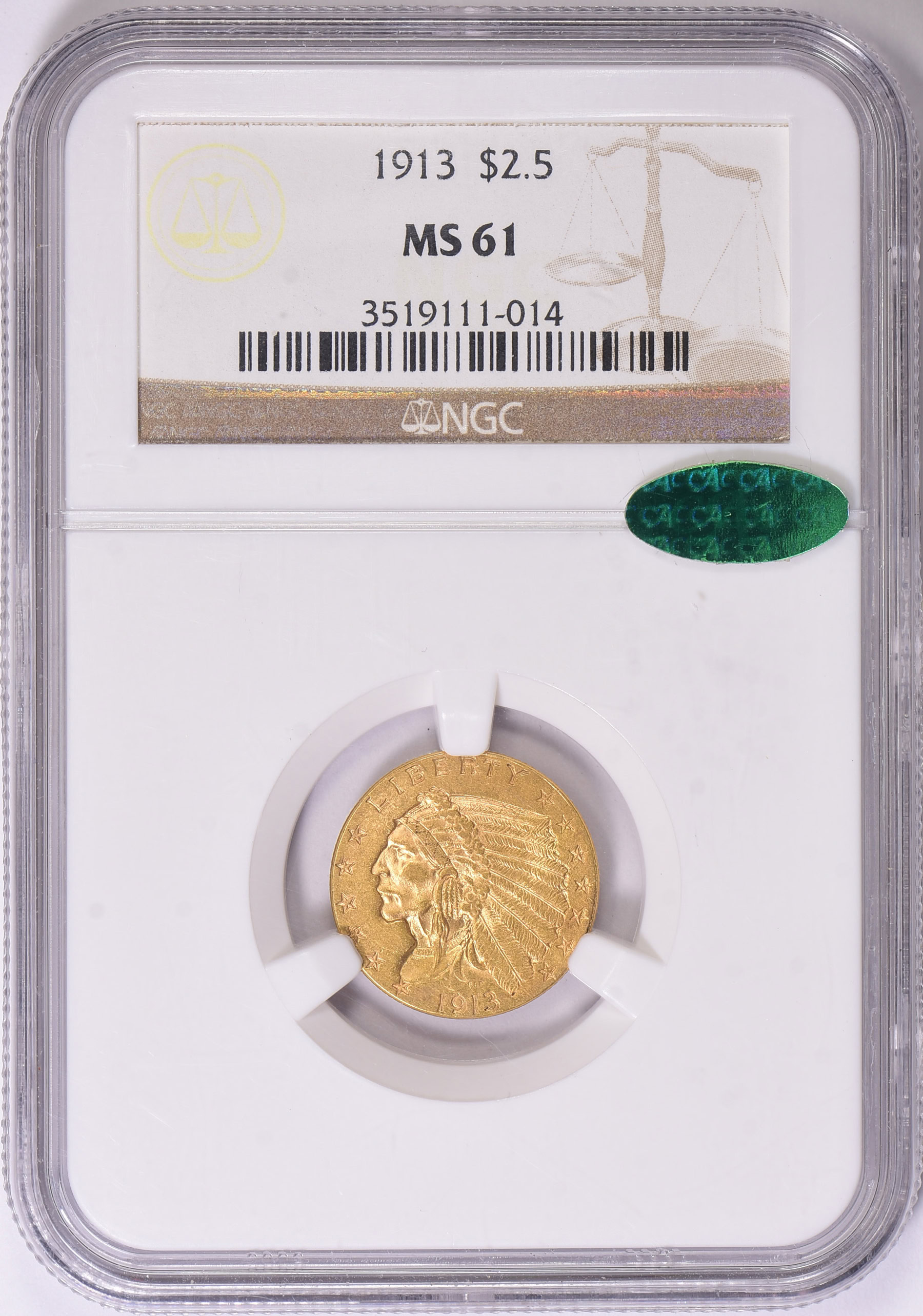 1913 Indian Gold Quarter Eagle NGC MS-61 (CAC Green) (Item 1714465) | GreatCollections Coin Auctions