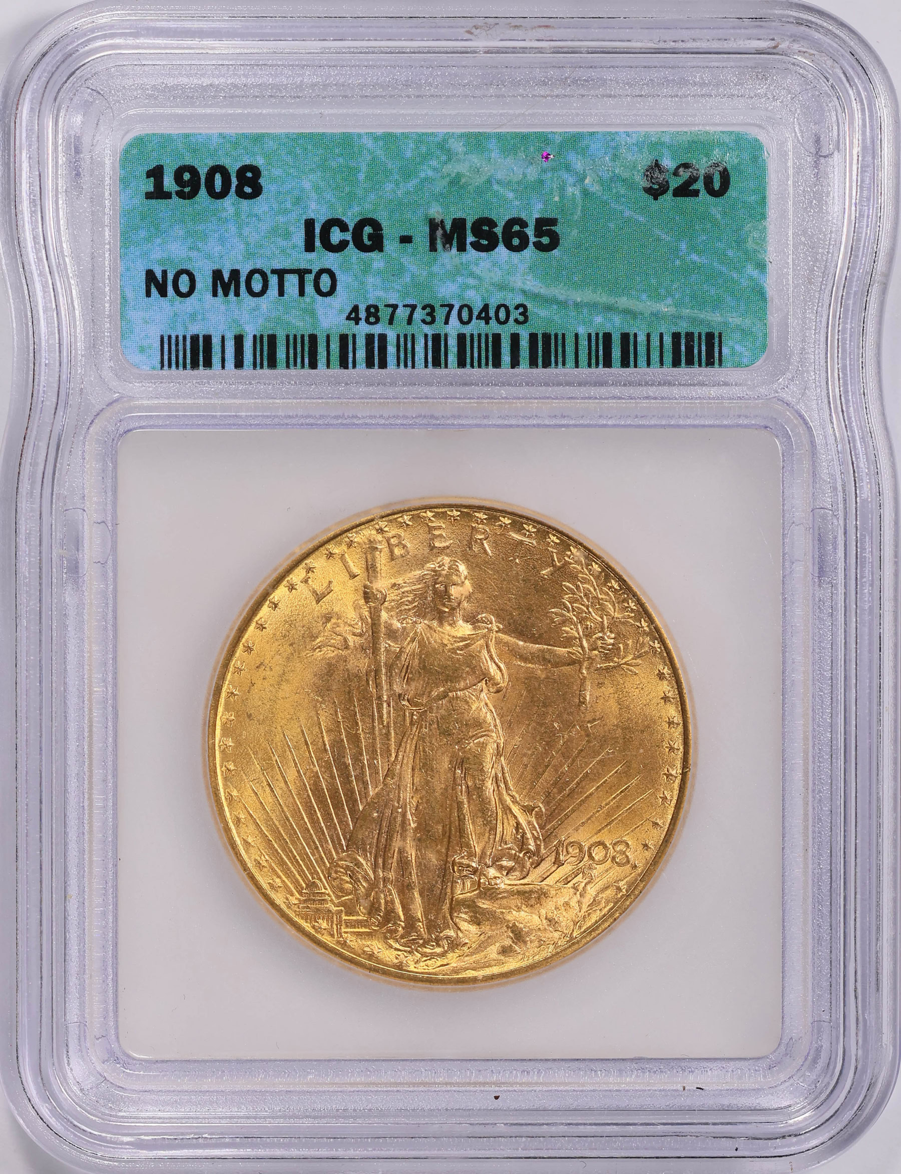1908 Saint-Gaudens Gold Double Eagle No Motto ICG MS-65 (Item 1714475) | GreatCollections Coin ...