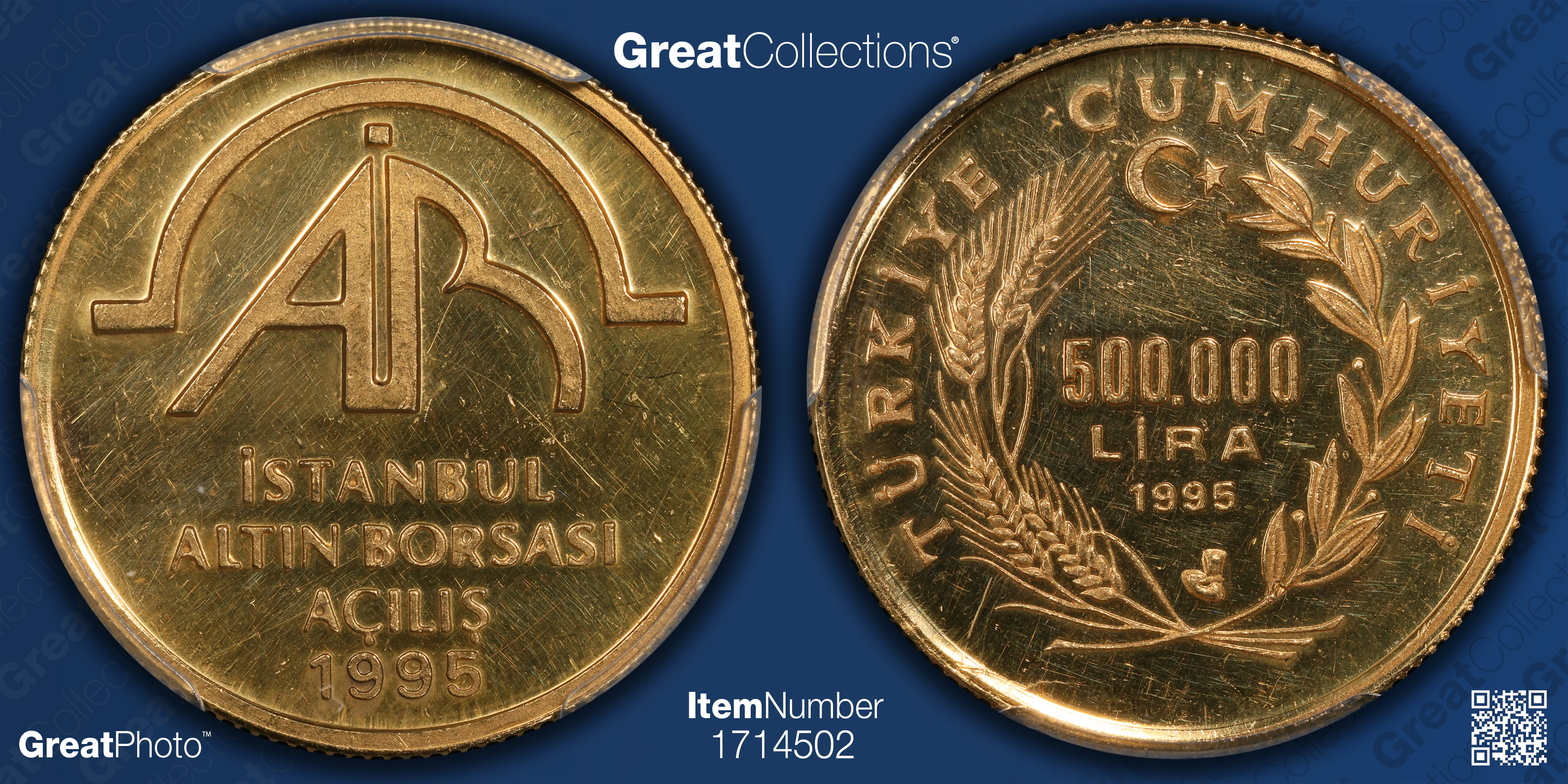 Turkey 1995 Gold 500,000 Lira Istanbul Gold Exchange PCGS Proof-64 ...