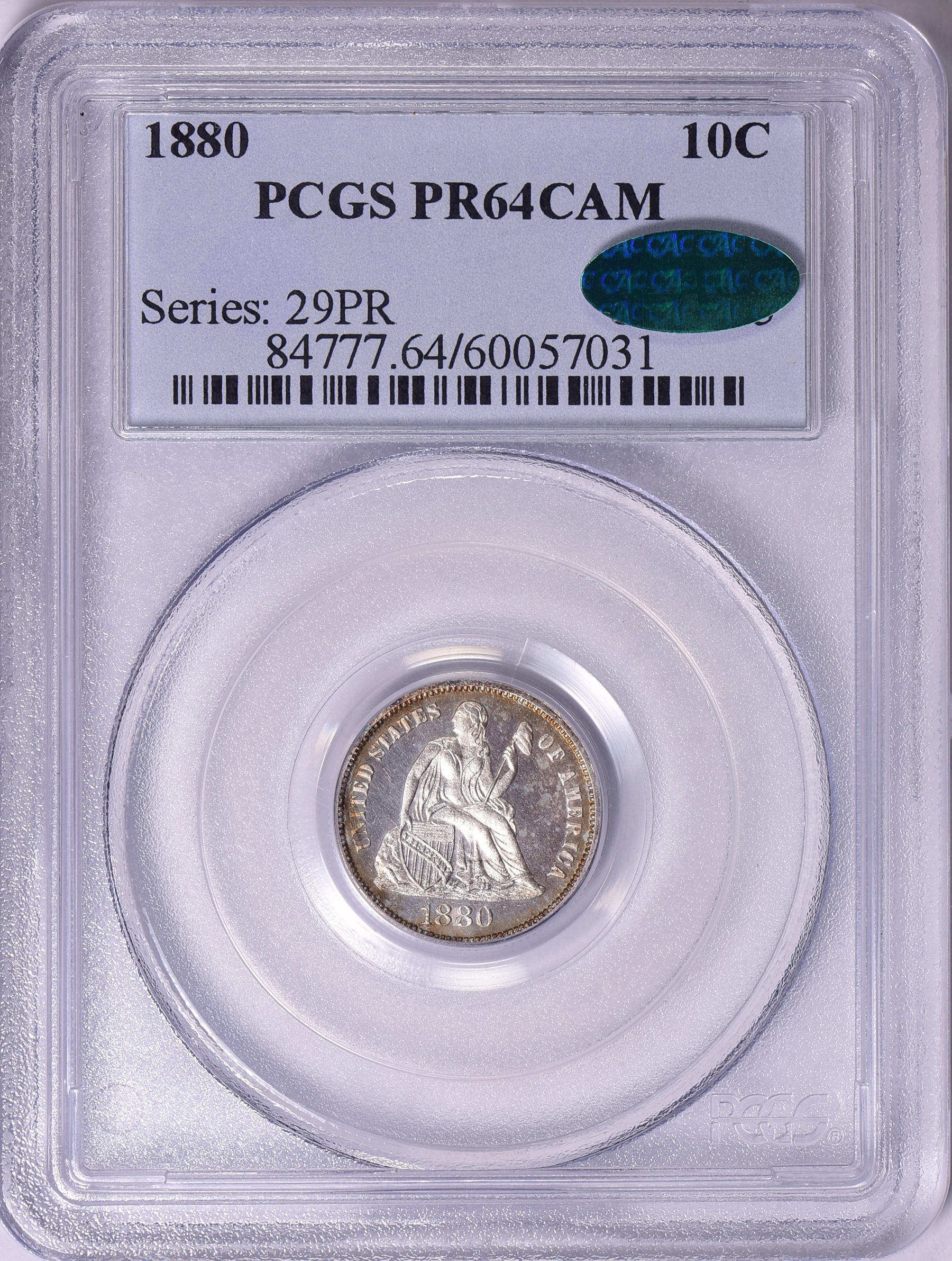 1880 Seated Liberty Dime PCGS Proof-64 CAMEO (CAC Green) (Toned) (Item 1714539 ...