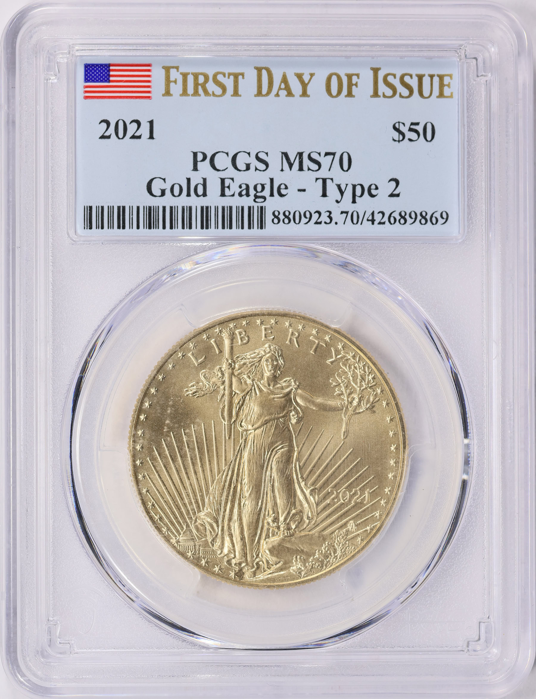 2021 $50 One-Ounce Gold American Eagle Type 2 First Day of Issue PCGS MS-70 (Item 1714560 ...
