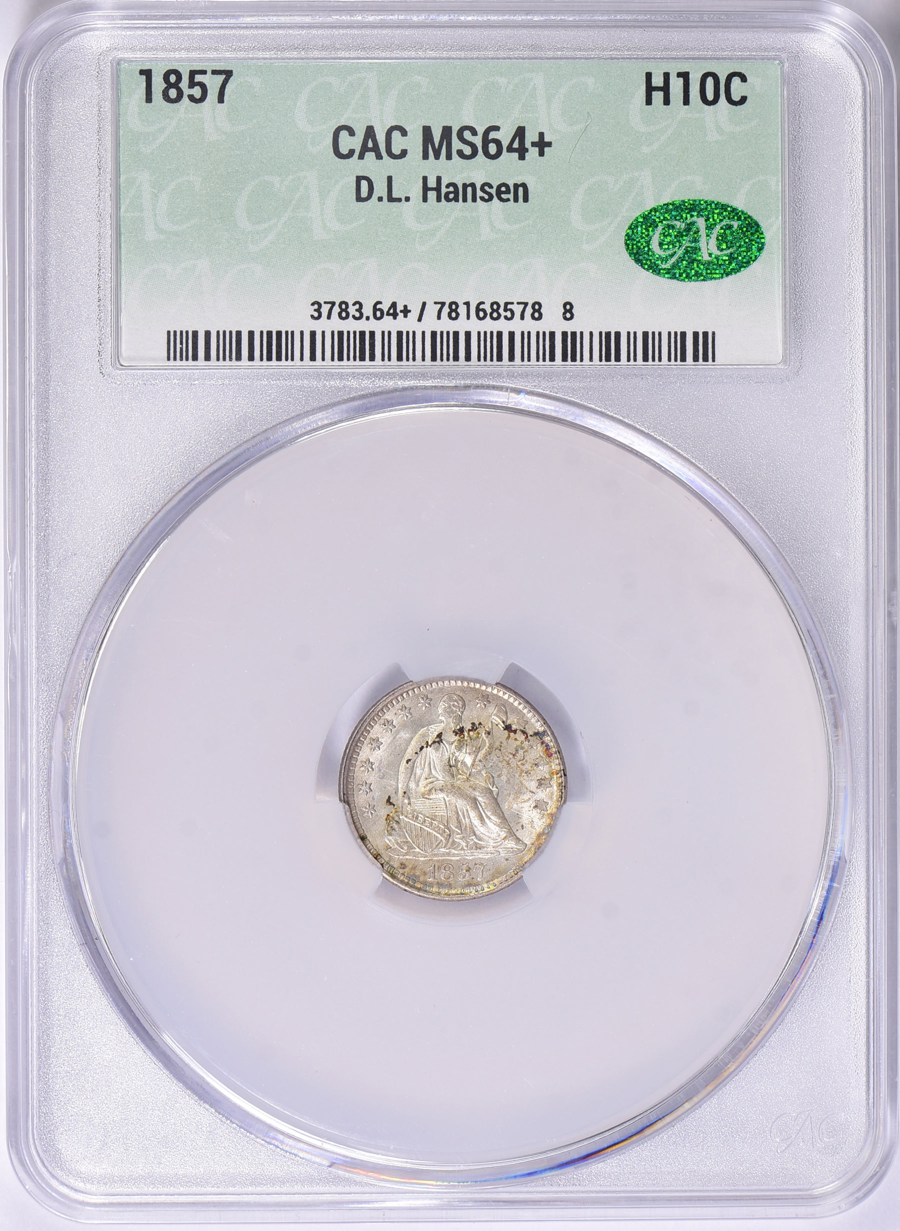 1857 Seated Liberty Half Dime CACG MS-64+ (Toned) (D.L. Hansen ...