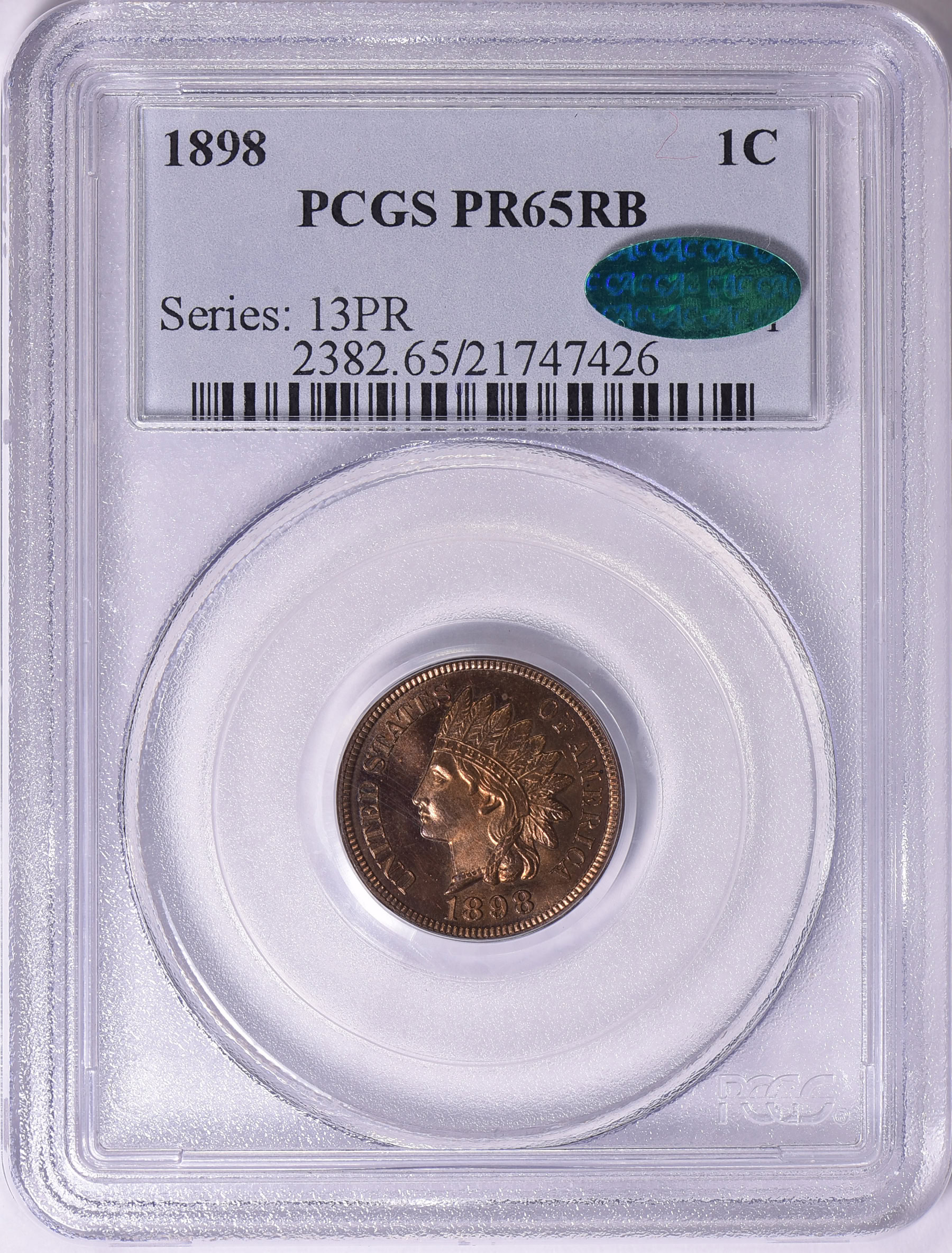 1898 Indian Cent PCGS Proof-65 RB (CAC Green) (Item 1714583) | GreatCollections Coin Auctions
