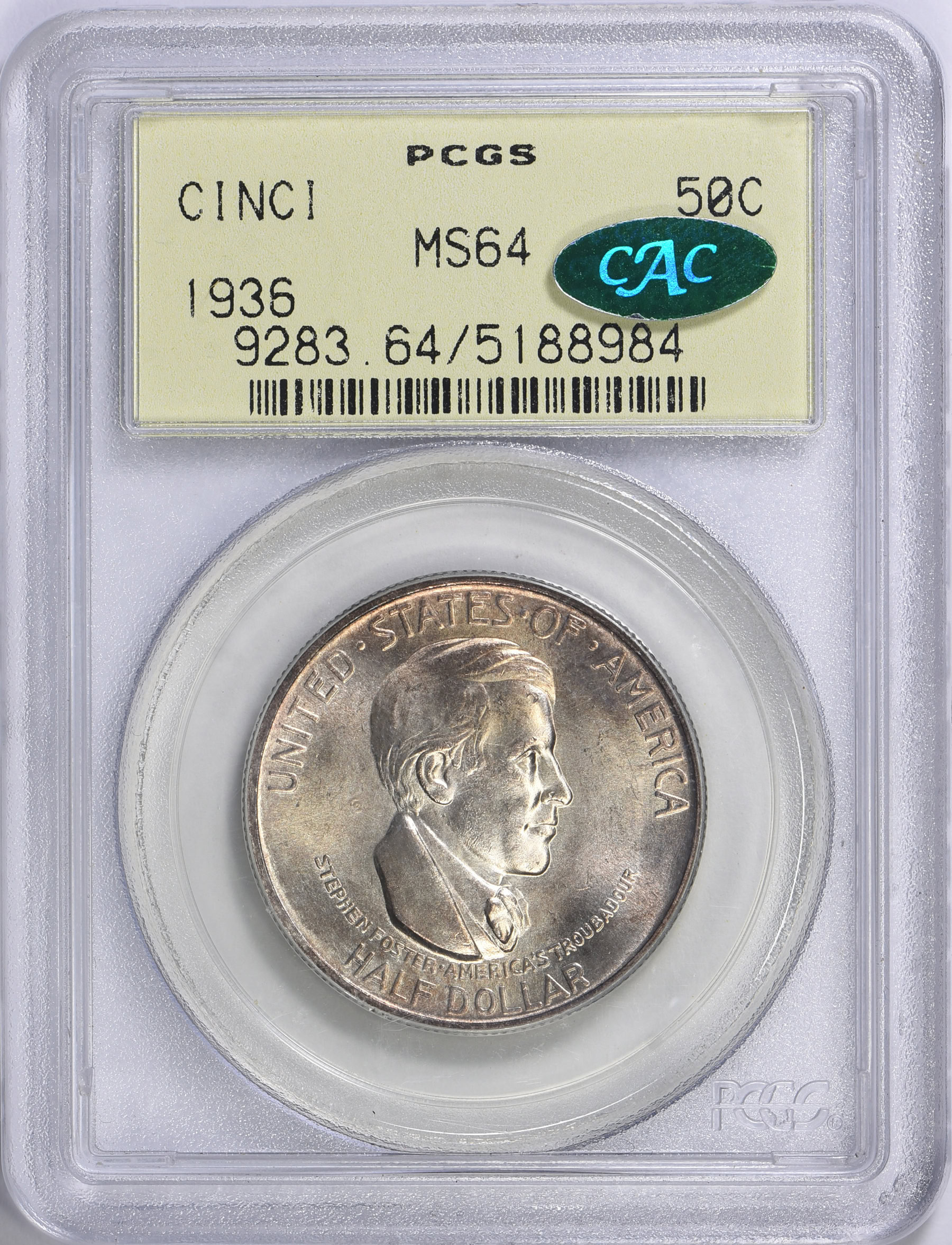 1936 Cincinnati Music Center Half Dollar PCGS MS-64 (CAC Green) OGH ...