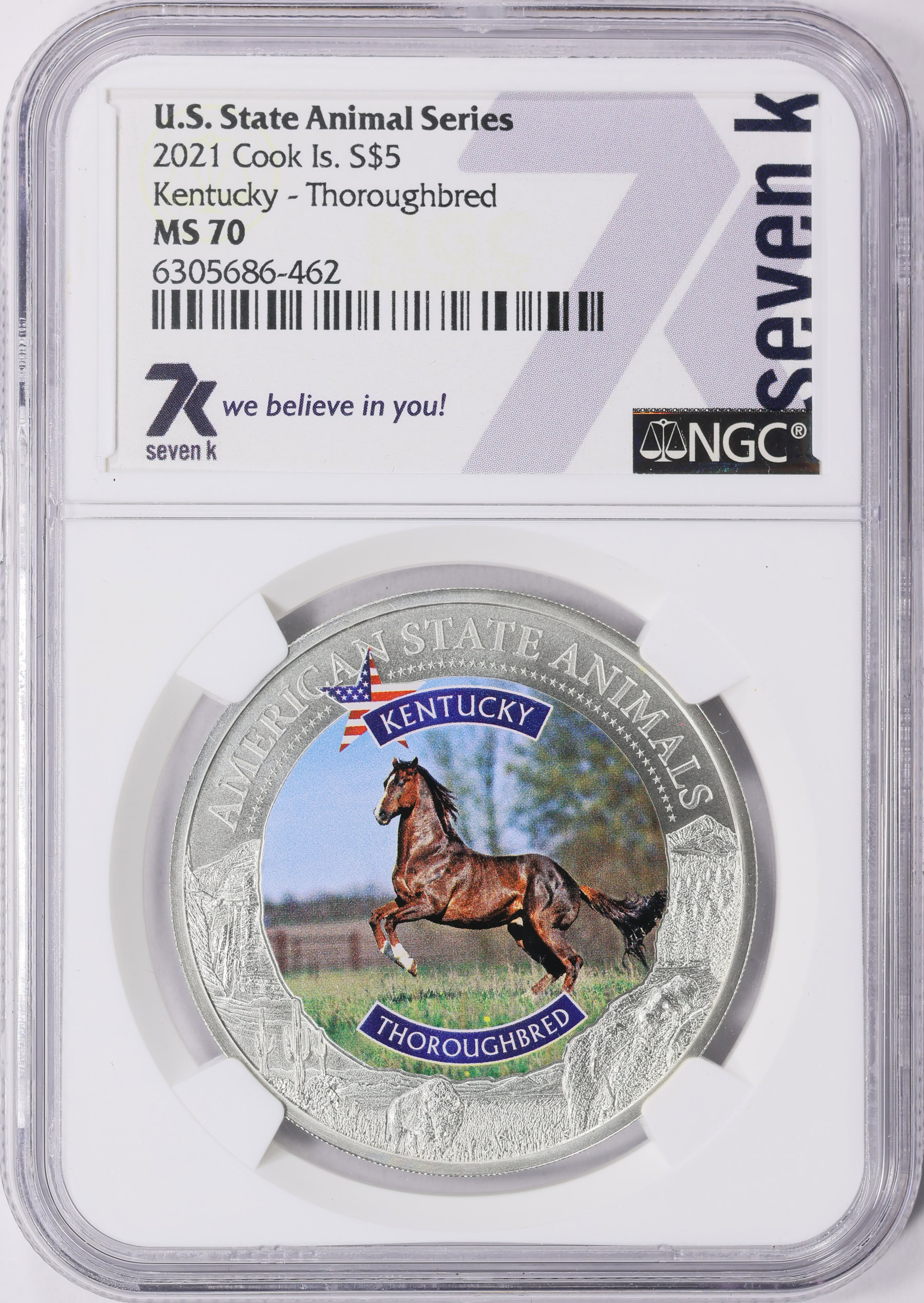 Cook Islands 2021 Colorized Silver $5 US State Animal Series Kentucky Thoroughbred NGC MS-70 ...