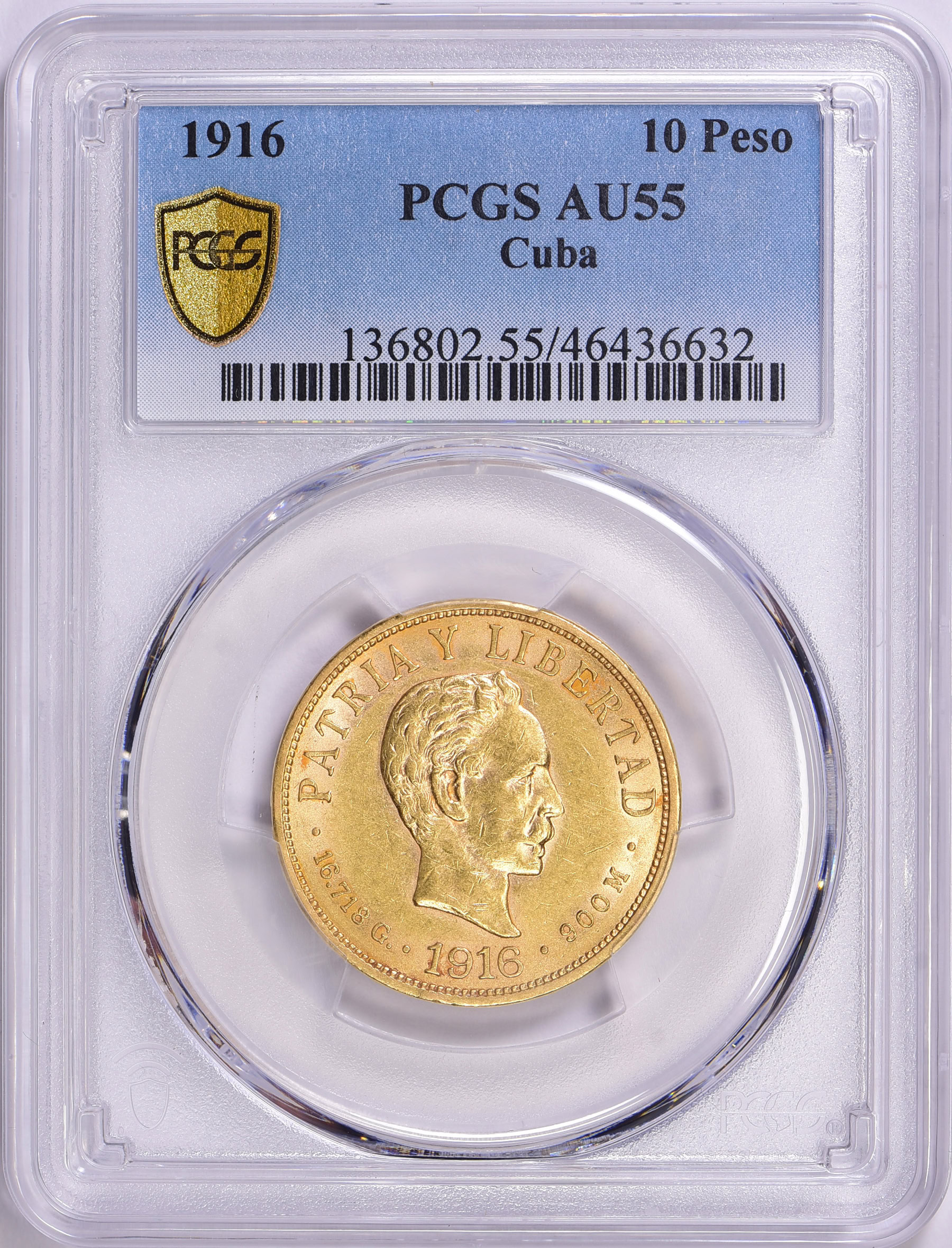 Cuba 1916 Gold 10 Pesos KM-20 PCGS AU-55 (AGW = 0.4838 Oz.) (Item ...