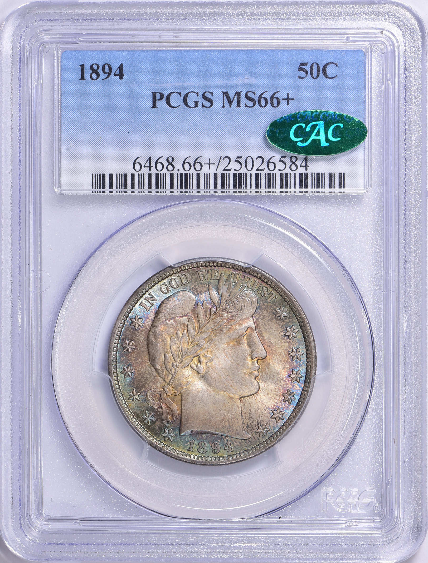 1894 Barber Half Dollar PCGS MS-66+ (CAC Green) (Toned) (Item 1715341) | GreatCollections Coin ...