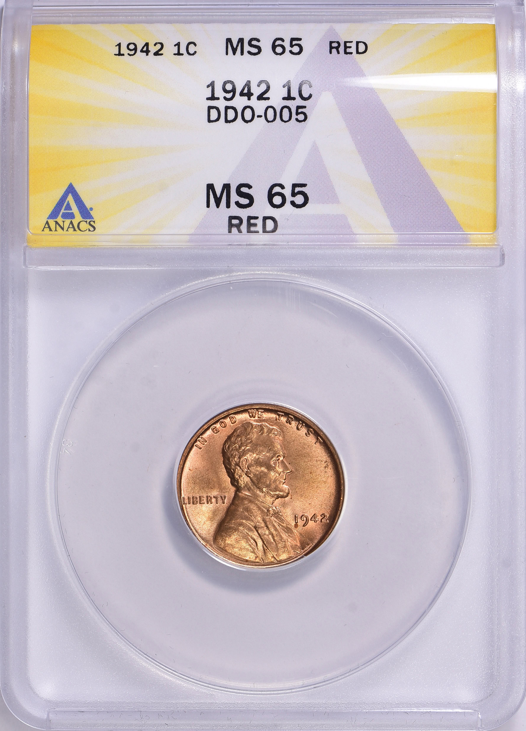 1942 Lincoln Cent DDO-005 ANACS MS-65 RD (Item 1715396) | GreatCollections Coin Auctions