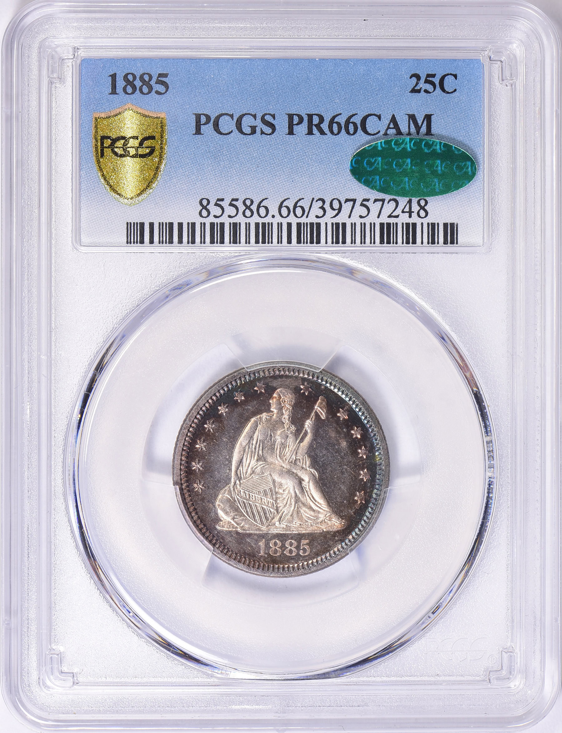 1885 Seated Liberty Quarter PCGS Proof-66 CAMEO (CAC Green) (Toned) (Item 1715628 ...