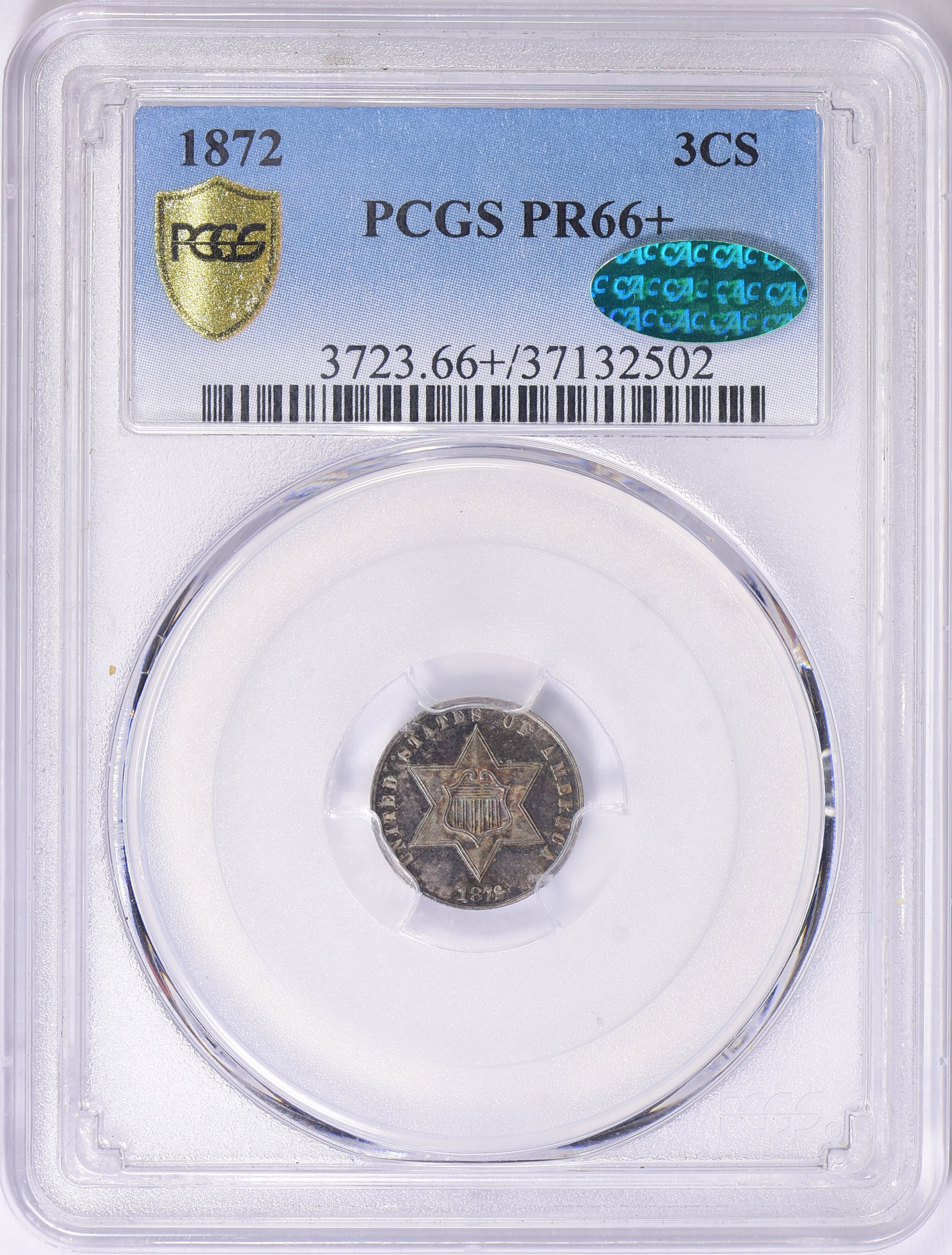 1872 Silver Three-Cent Piece PCGS Proof-66+ (CAC Green) (Toned) (Item ...